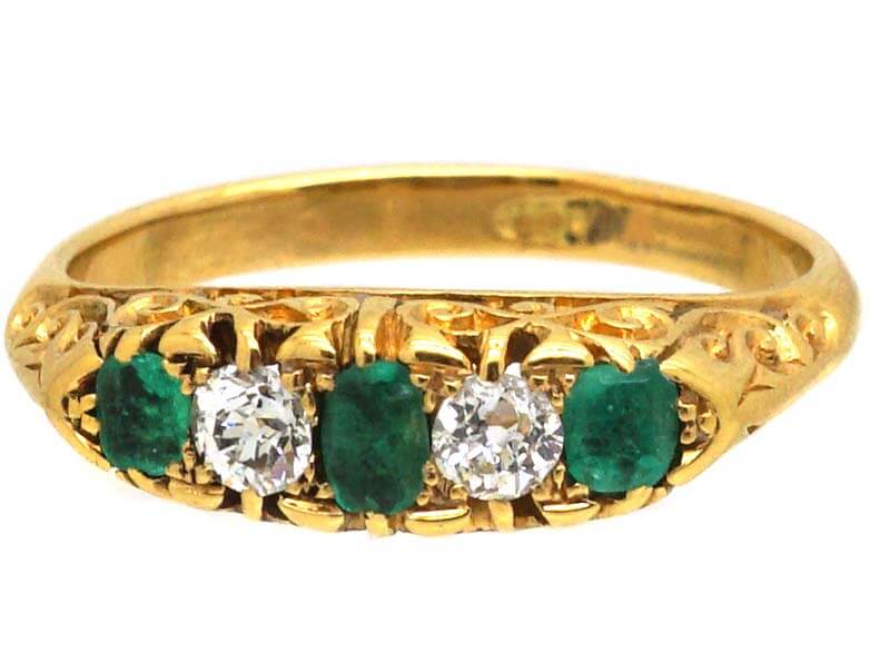 Victorian 18ct Gold, Emerald and Diamond Carved Half Hoop Five Stone ...