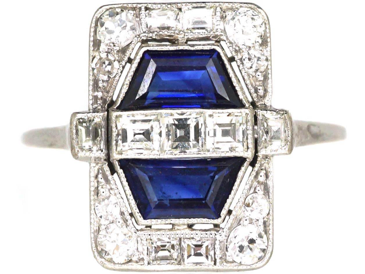 Art Deco 18ct White Gold & Platinum, Sapphire & Diamond Rectangular ...