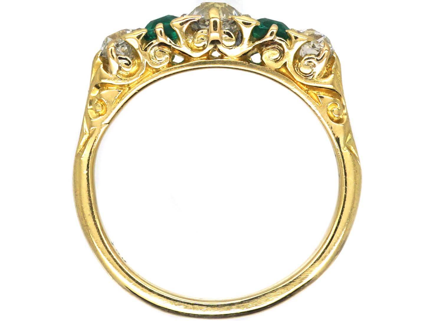Victorian 18ct Gold, Emerald & Diamond Carved Half Hoop Five Stone Ring ...