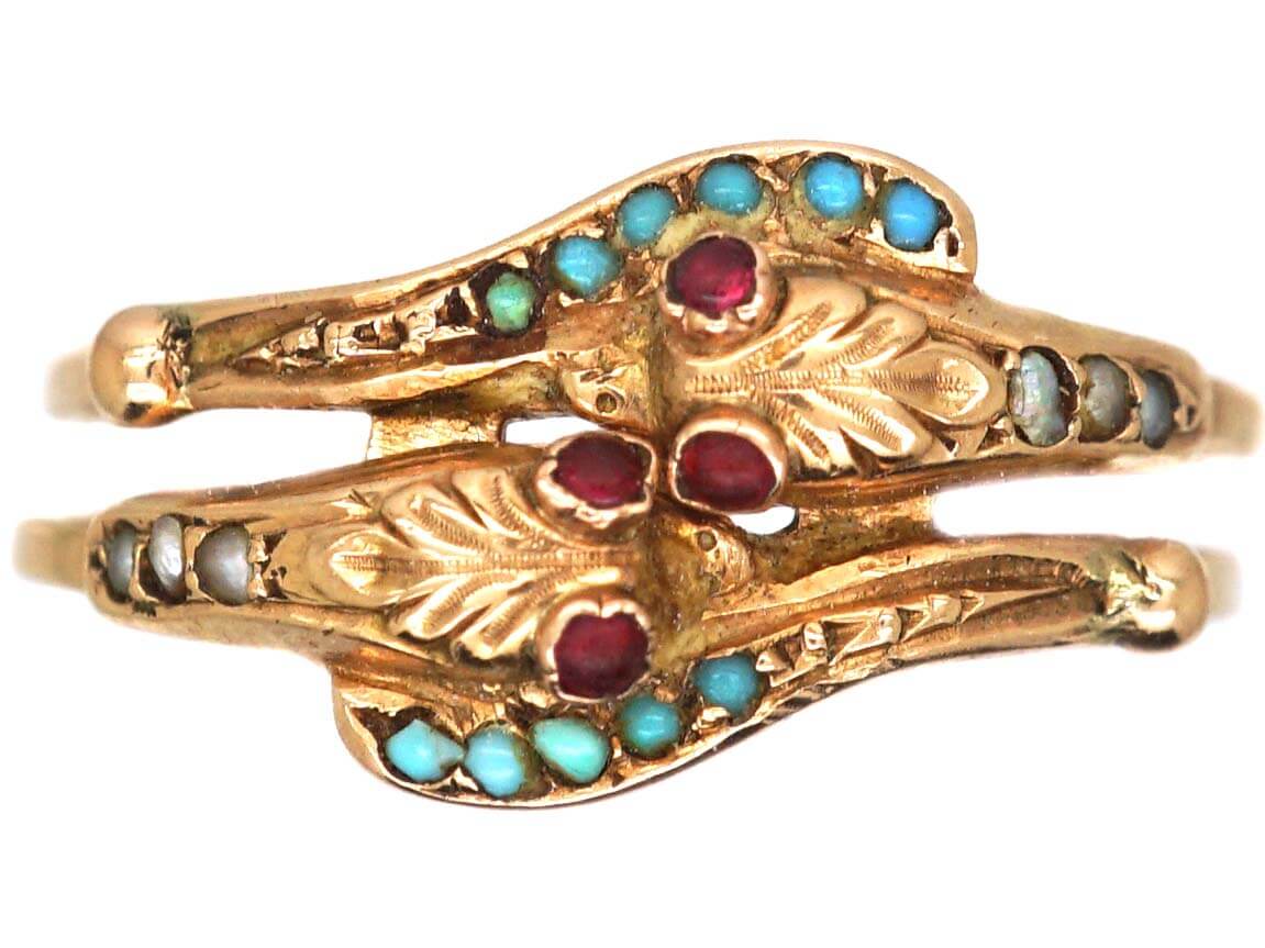 Victorian 18ct Gold Puzzle Double Snake Ring set with Turquoise ...