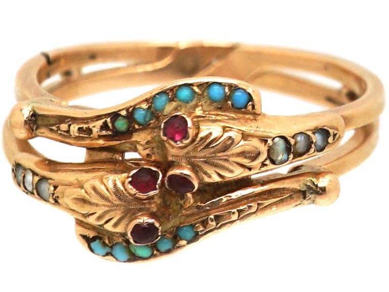 Victorian 18ct Gold Puzzle Double Snake Ring set with Turquoise ...