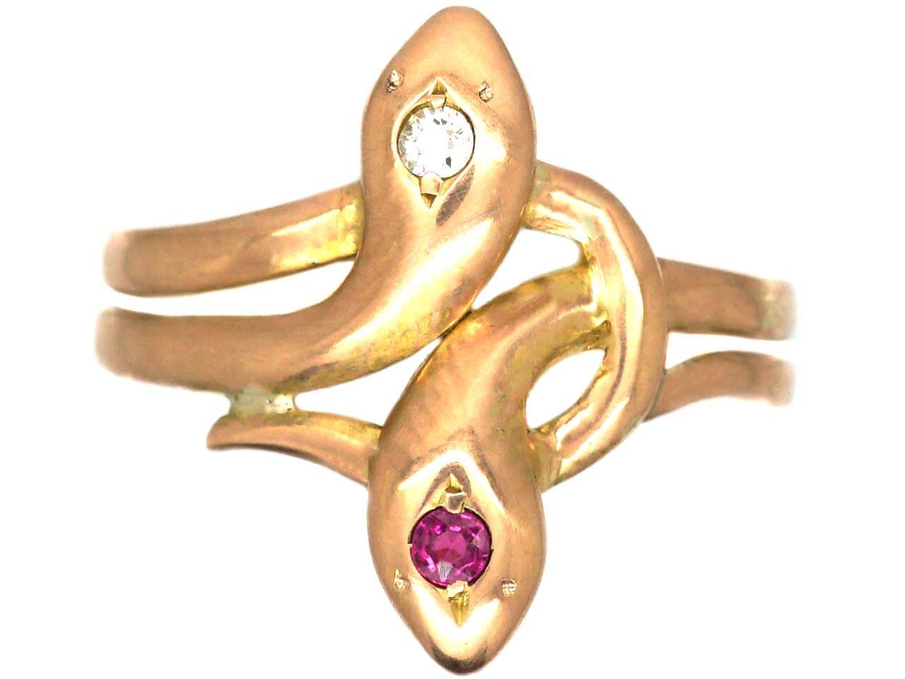 Edwardian 14ct Gold Double Snake Ring set with a Ruby & Diamond (637U ...
