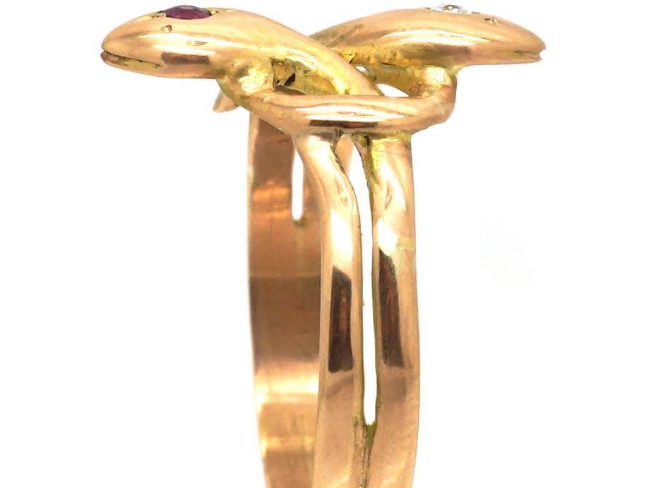 Edwardian 14ct Gold Double Snake Ring set with a Ruby & Diamond (637U ...