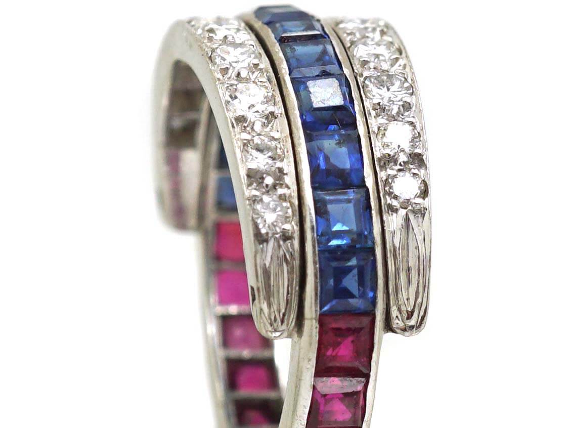 Art Deco 18ct White Gold Flip Over Ring set with Rubies, Sapphires ...