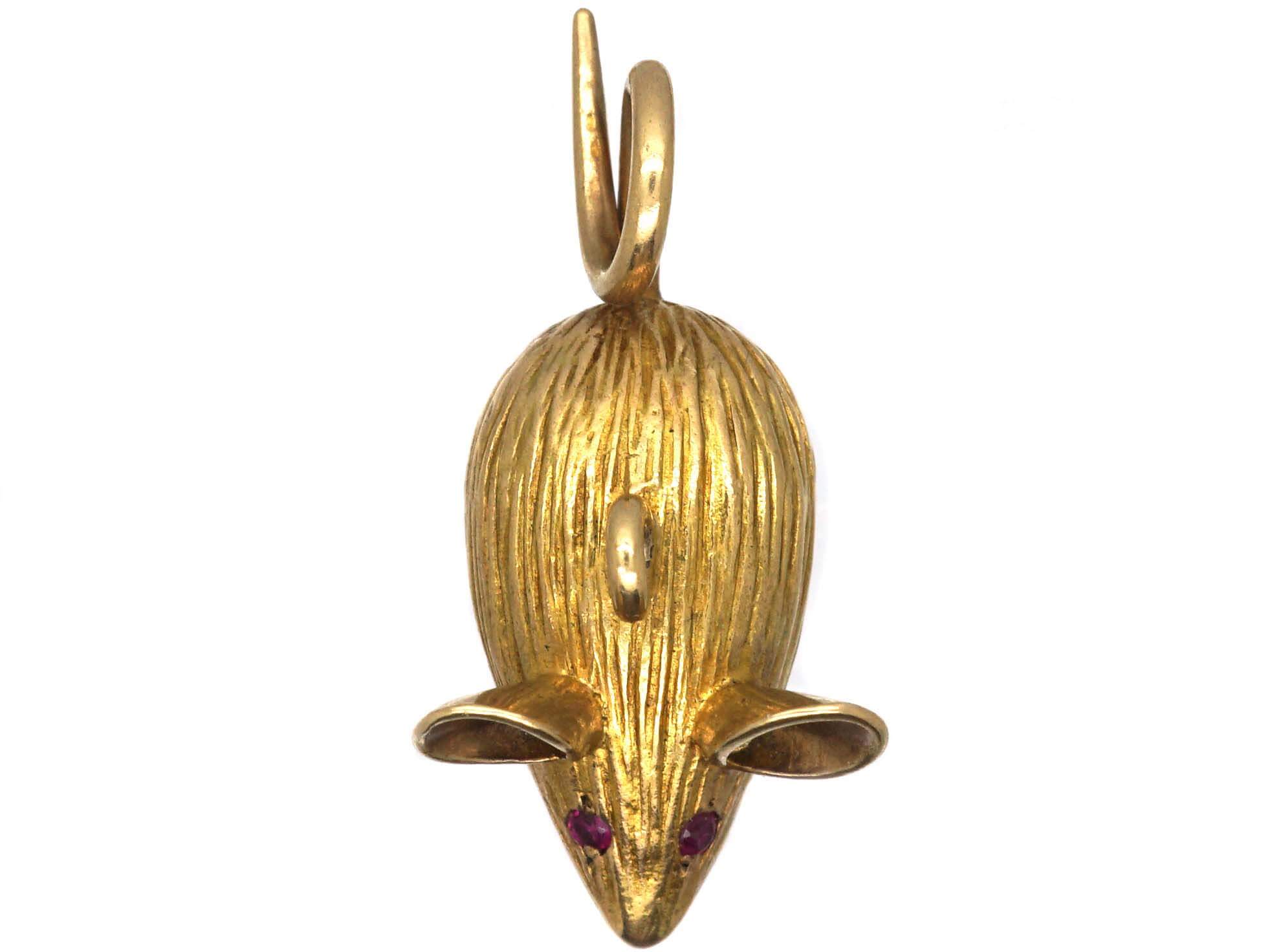 9ct Gold Mouse Charm with Ruby Eyes (673U) | The Antique Jewellery Company