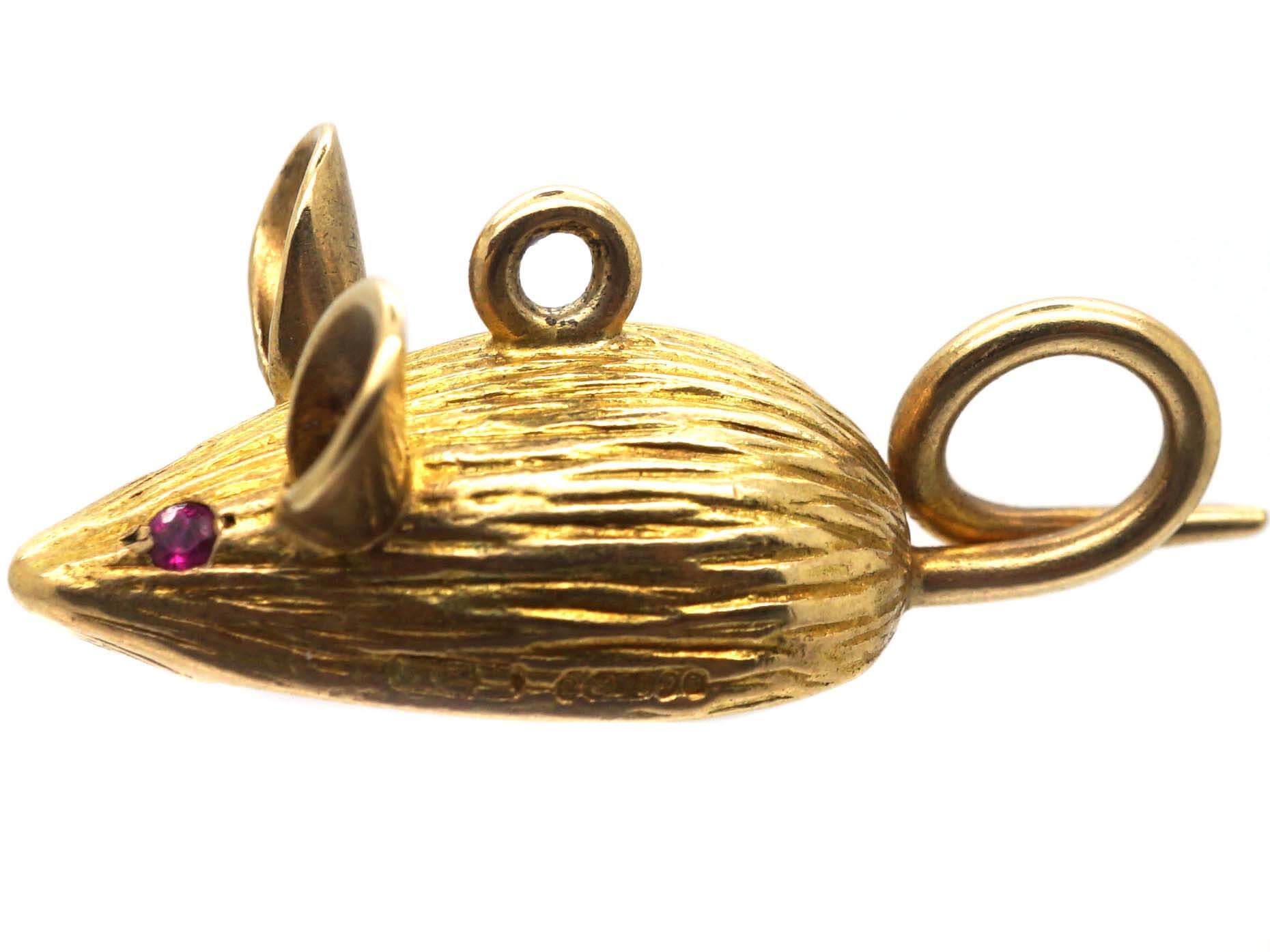 9ct Gold Mouse Charm with Ruby Eyes (673U) | The Antique Jewellery Company
