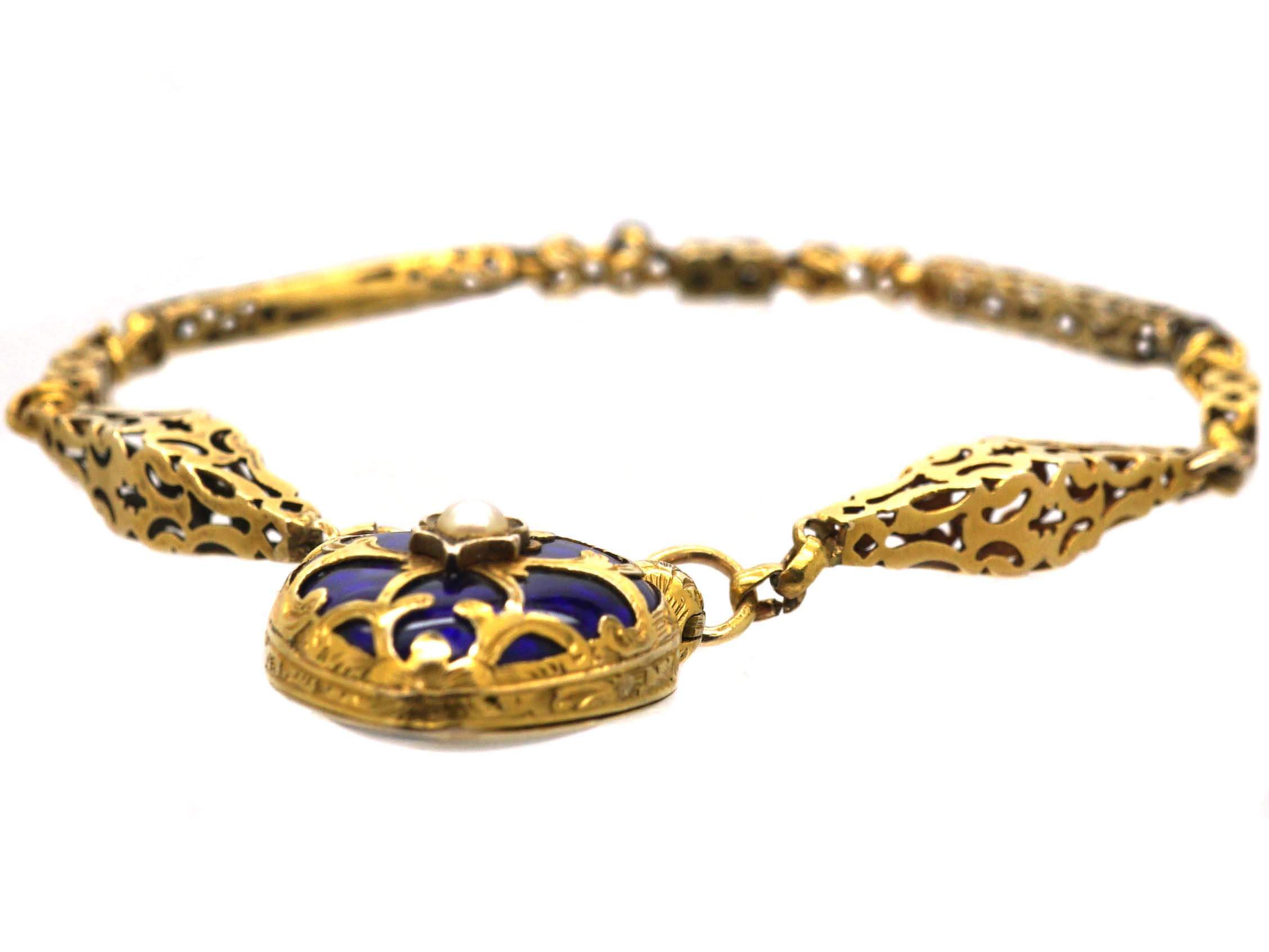 Early Victorian 15ct Gold Bracelet with Heart Padlock with Royal Blue ...