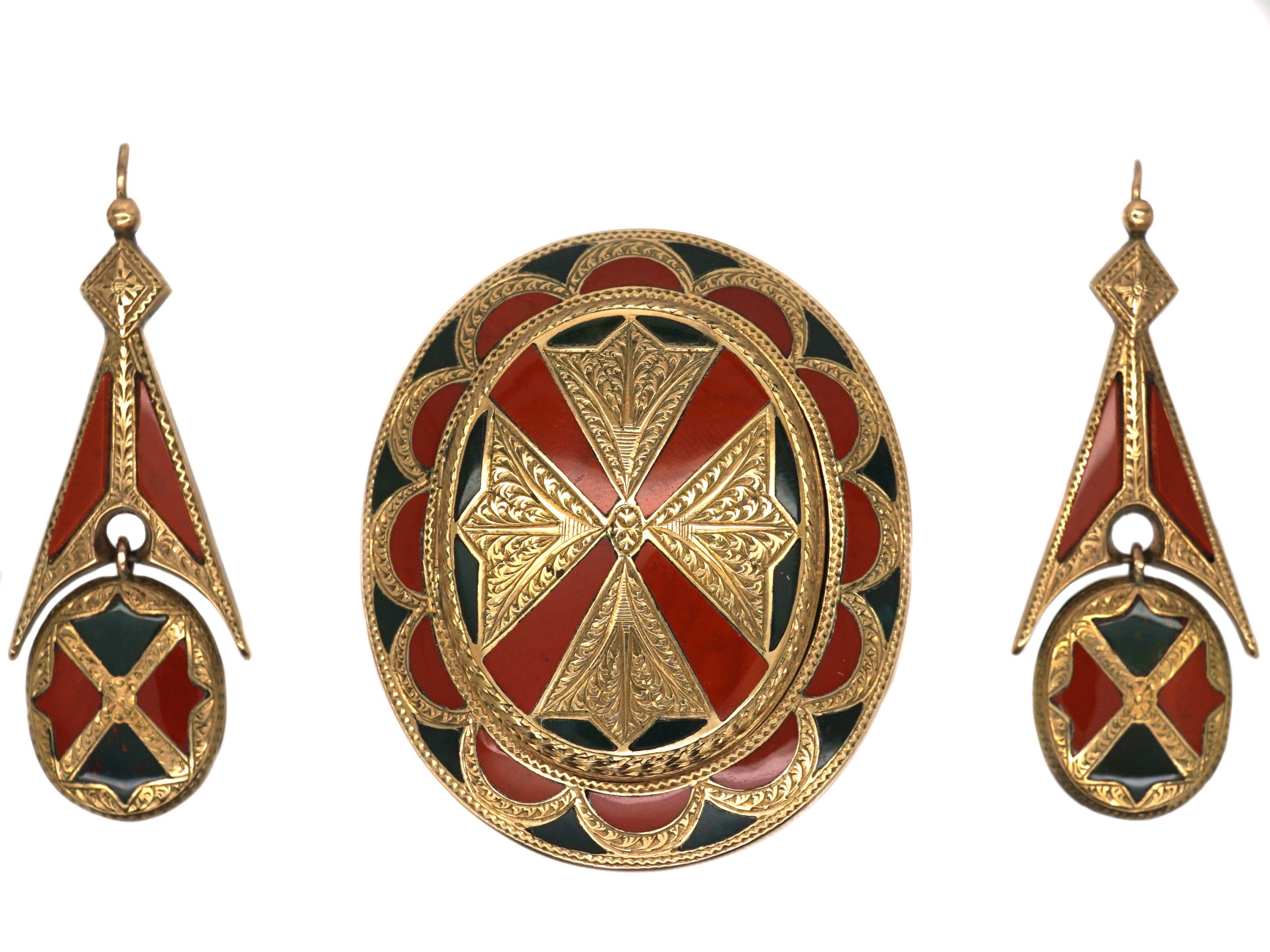 Victorian Scottish 15ct Gold, Jasper & Bloodstone Brooch & Earrings Set ...