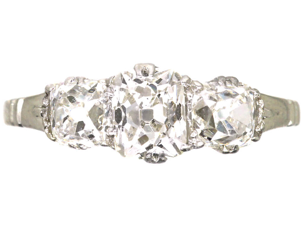 Early 20th Century Platinum, Old Mine Cut Three Stone Diamond Ring ...