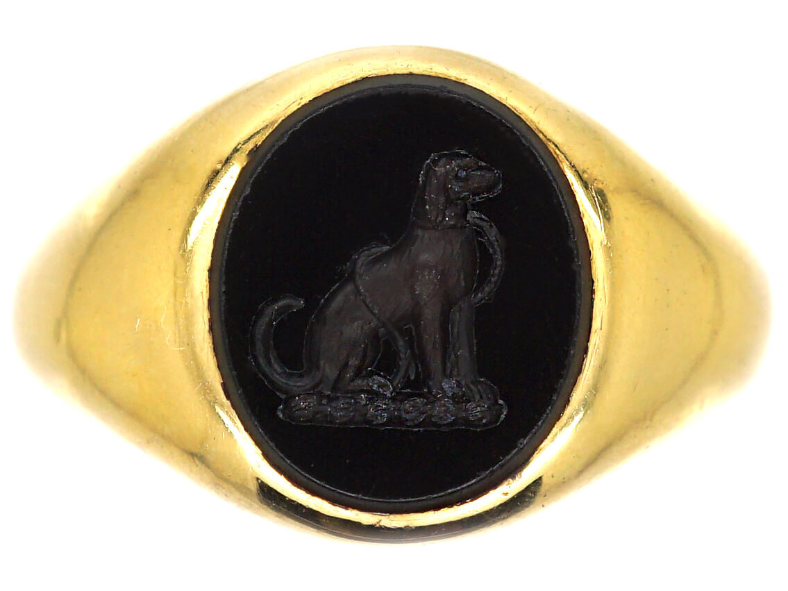 Edwardian 18ct Gold Signet Ring with Onyx Intaglio of a Dog (867U ...