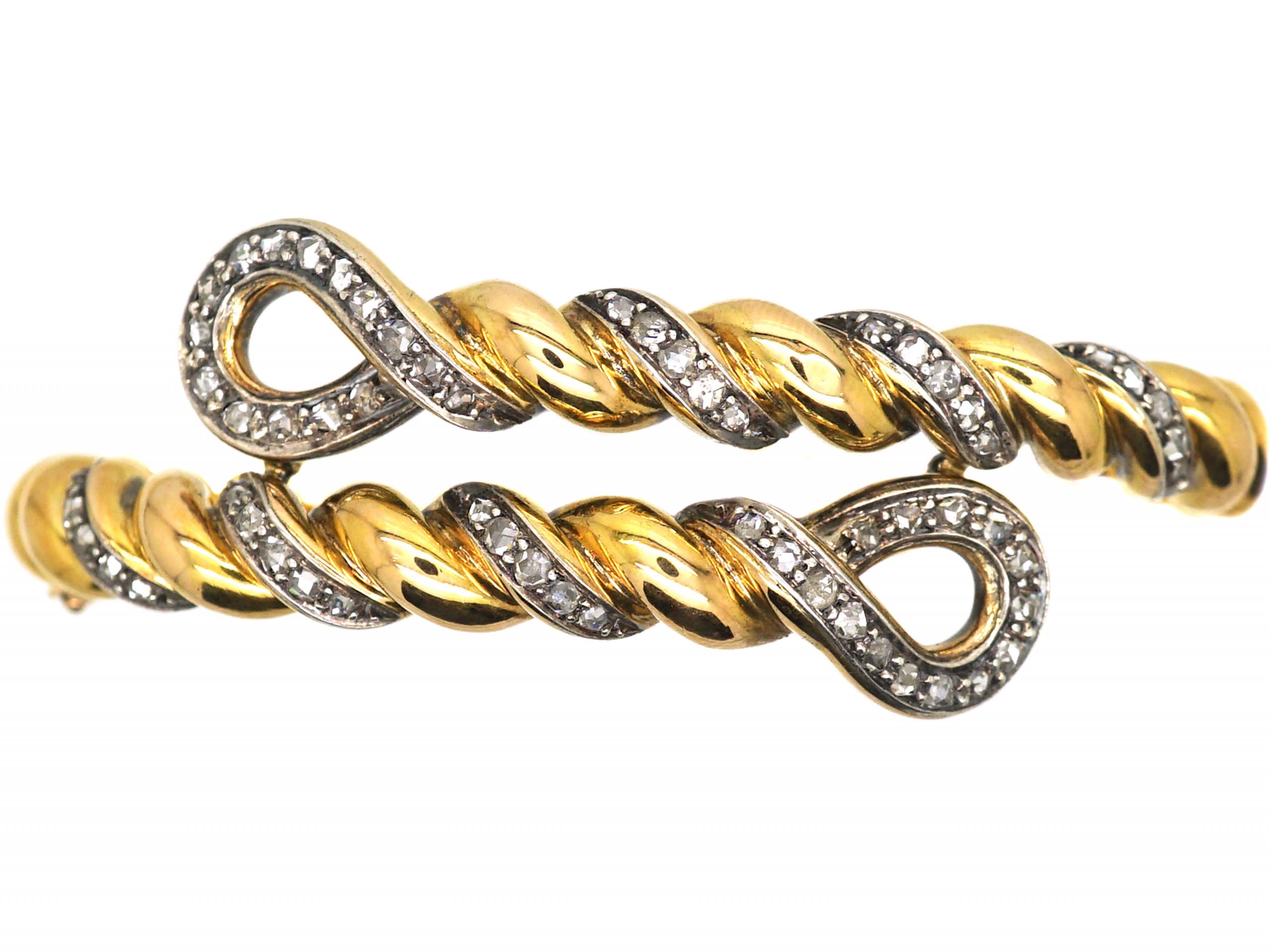 French Belle Epoque 18ct Gold Twist Bangle set with Rose Diamonds (903U ...