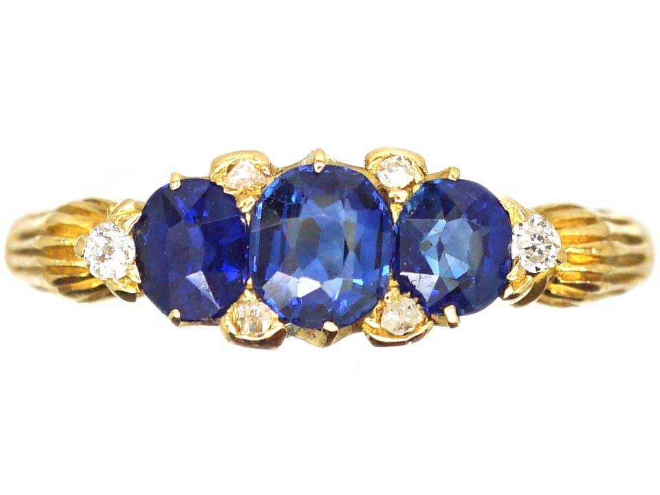 Edwardian 18ct Gold, Three Stone Sapphire Ring with Diamond Points ...