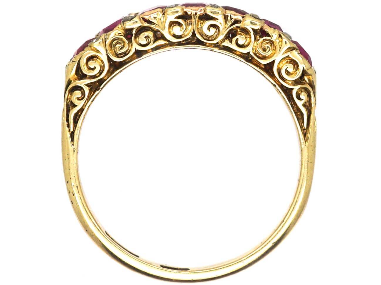 Victorian 18ct Gold Seven Stone Ruby Carved Half Hoop Ring with Diamond ...