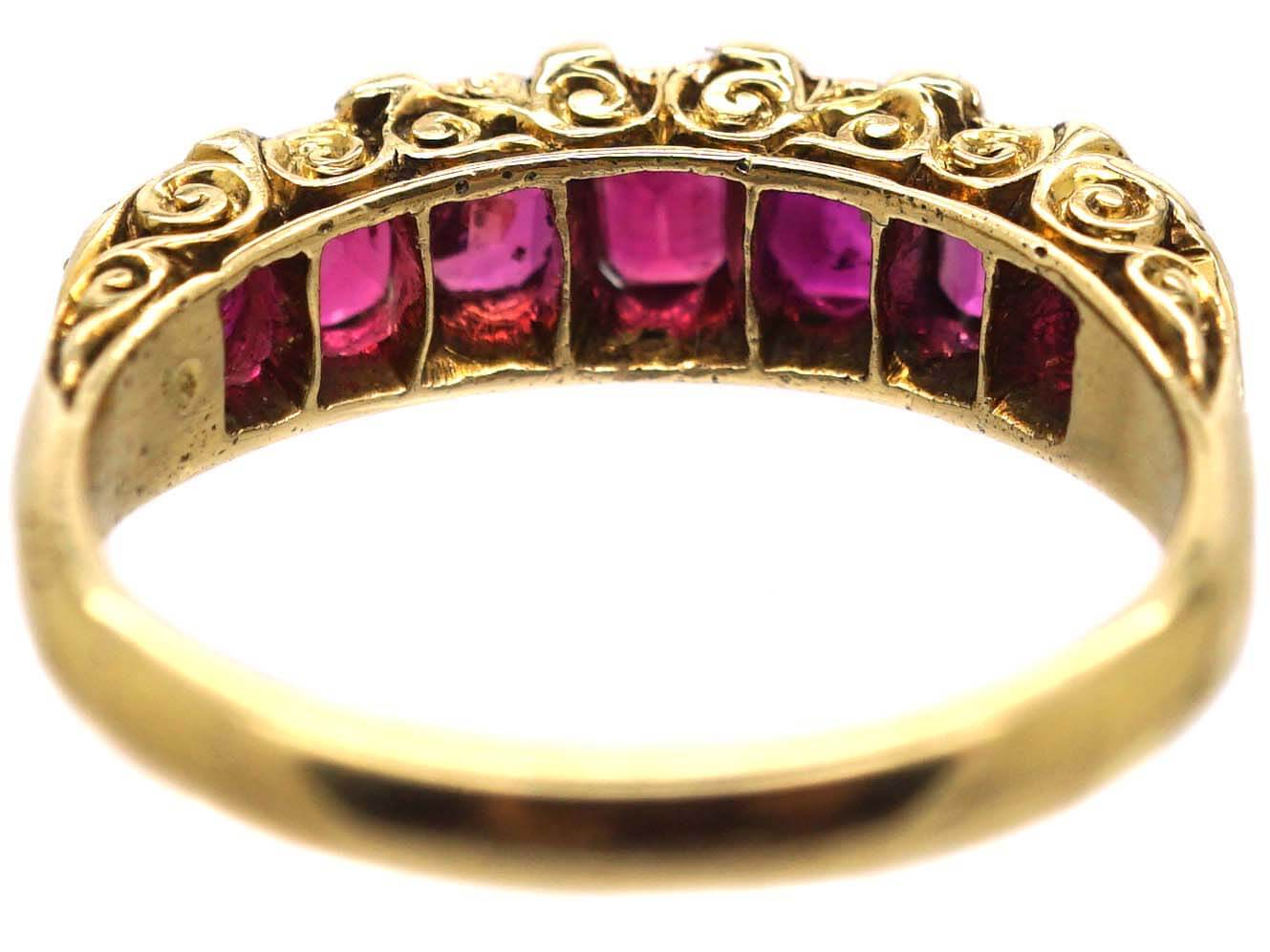 Victorian 18ct Gold Seven Stone Ruby Carved Half Hoop Ring with Diamond ...
