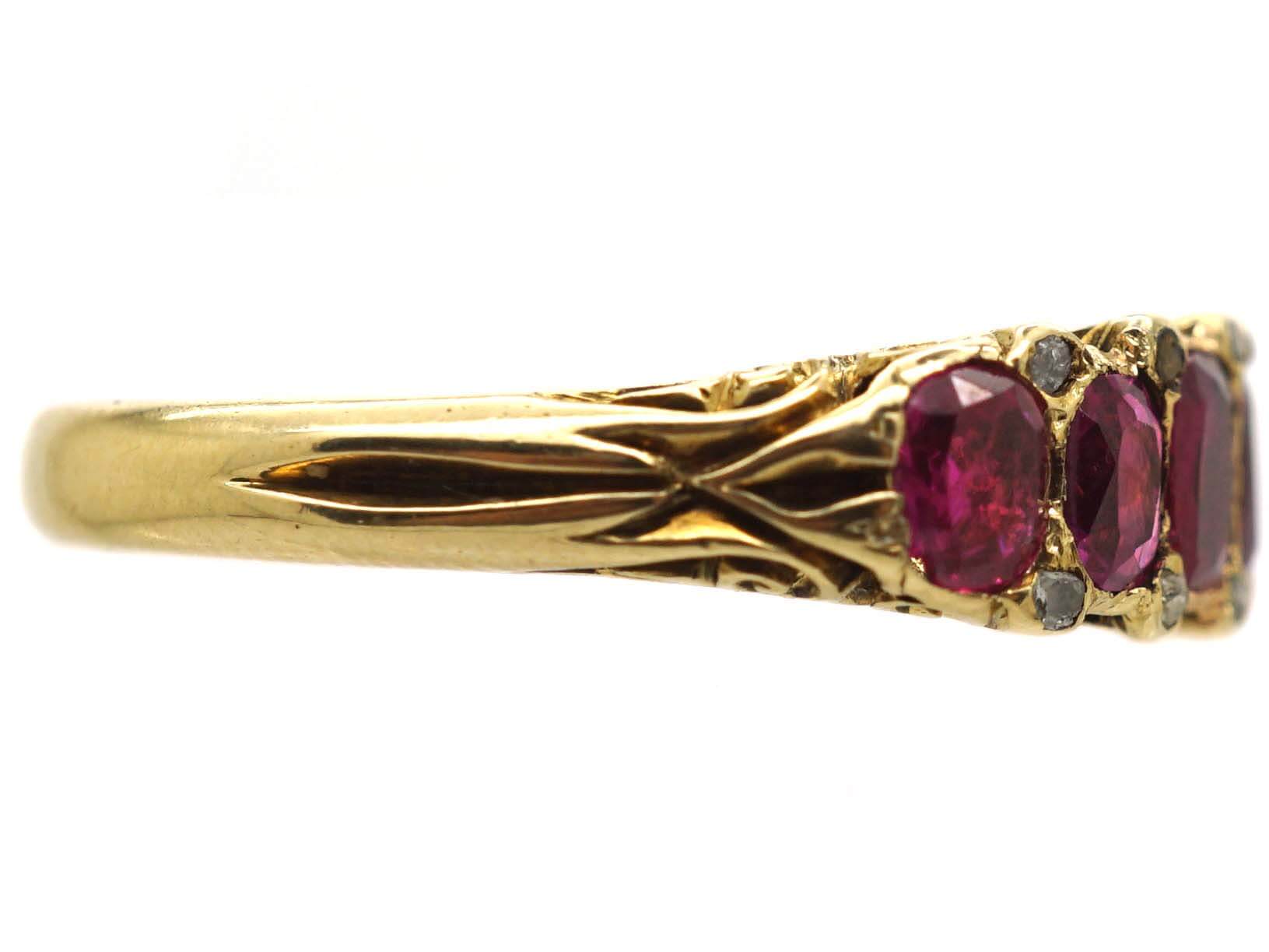 Victorian 18ct Gold Seven Stone Ruby Carved Half Hoop Ring with Diamond ...