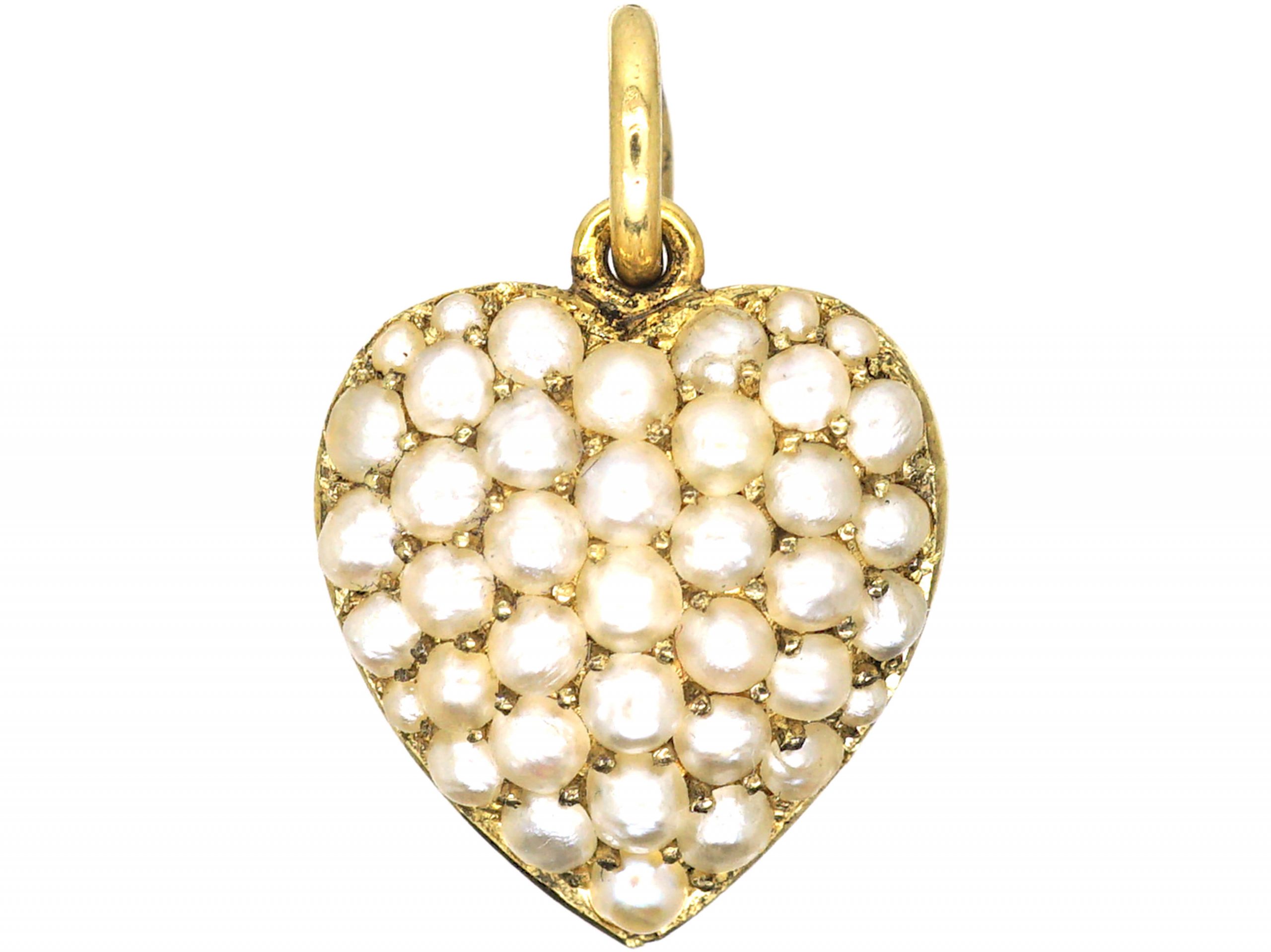Edwardian 15ct Gold Pave Set Natural Split Pearl Heart Pendant (894U ...