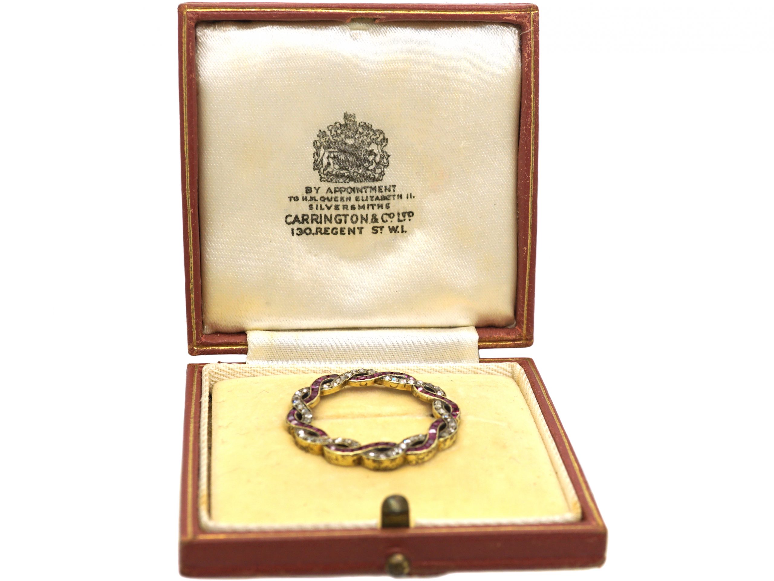 18ct Gold, Ruby & Rose Diamond Circular Brooch in Original Carrington ...