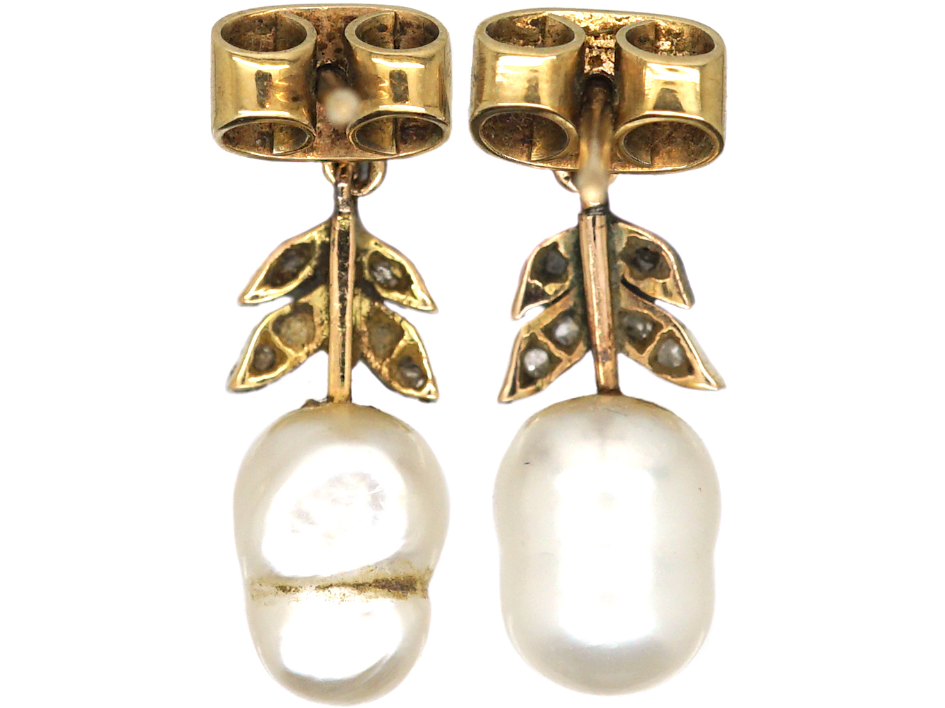 Edwardian 15ct Gold, Rose Diamond & Baroque Pearl Acorn Drop Earrings ...