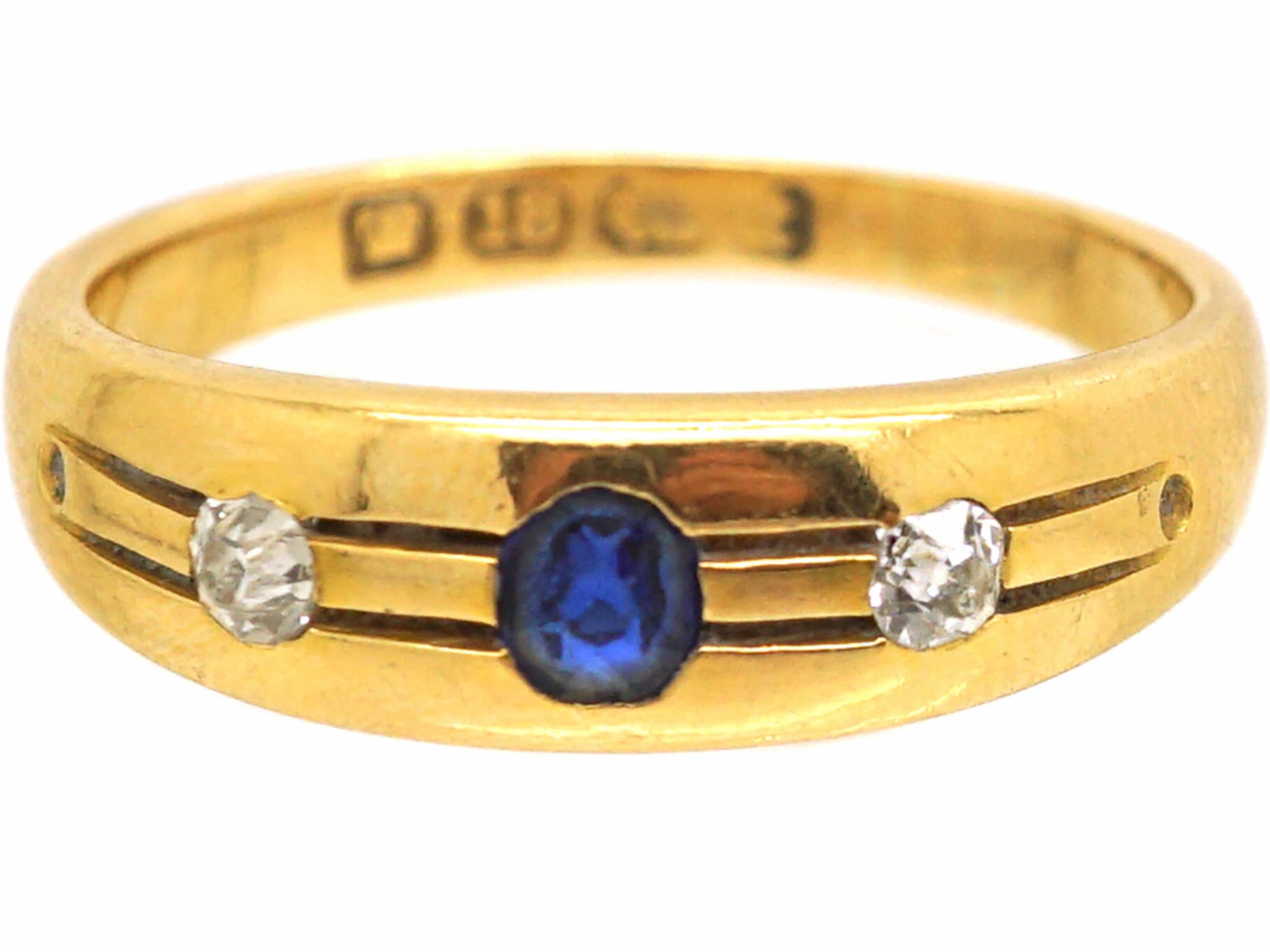 Victorian 18ct Gold, Sapphire & Diamond Three Stone Ring with Line ...