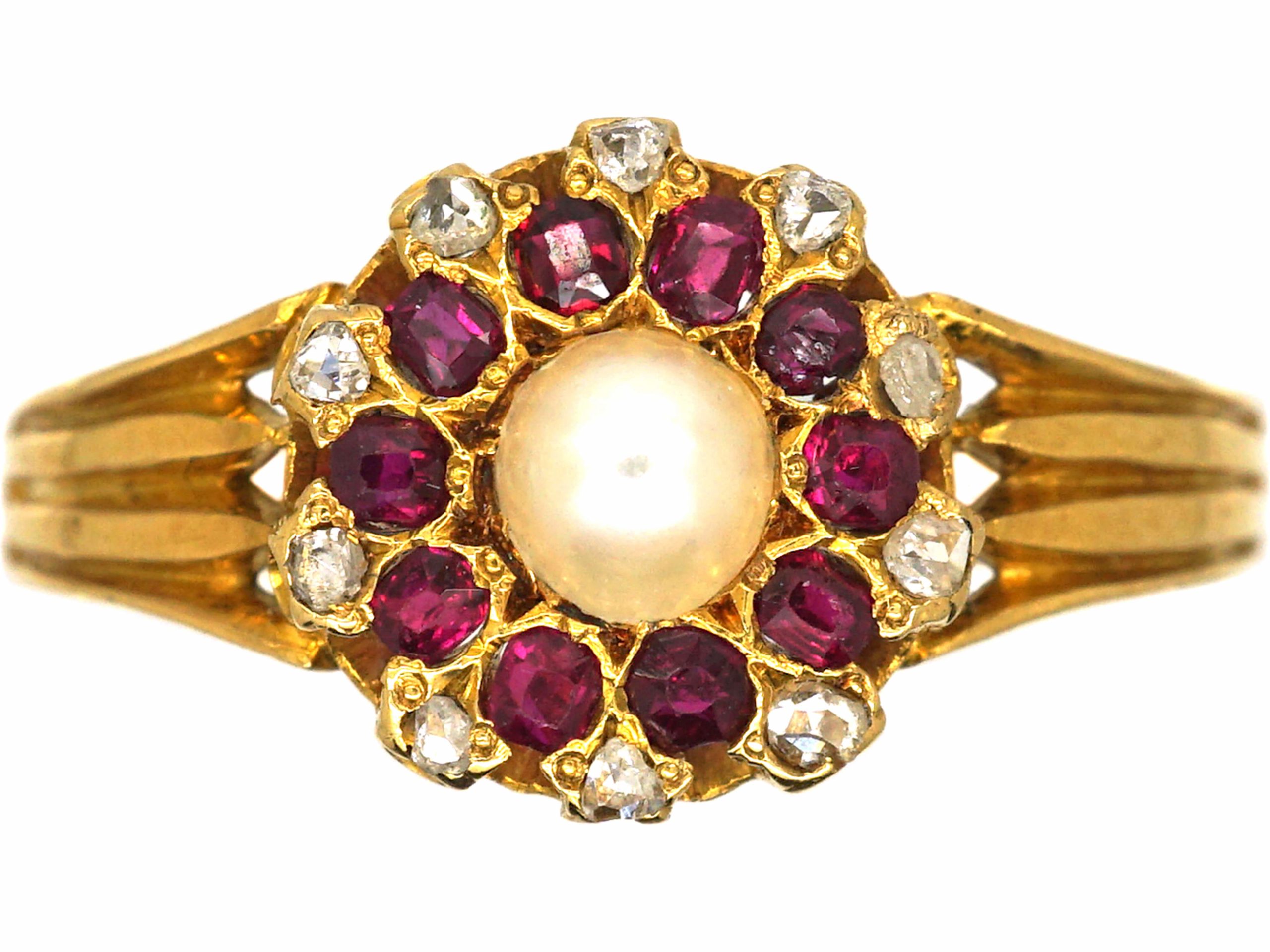 Edwardian 18ct Gold, Natural Pearl, Ruby & Rose Diamond Cluster Ring ...