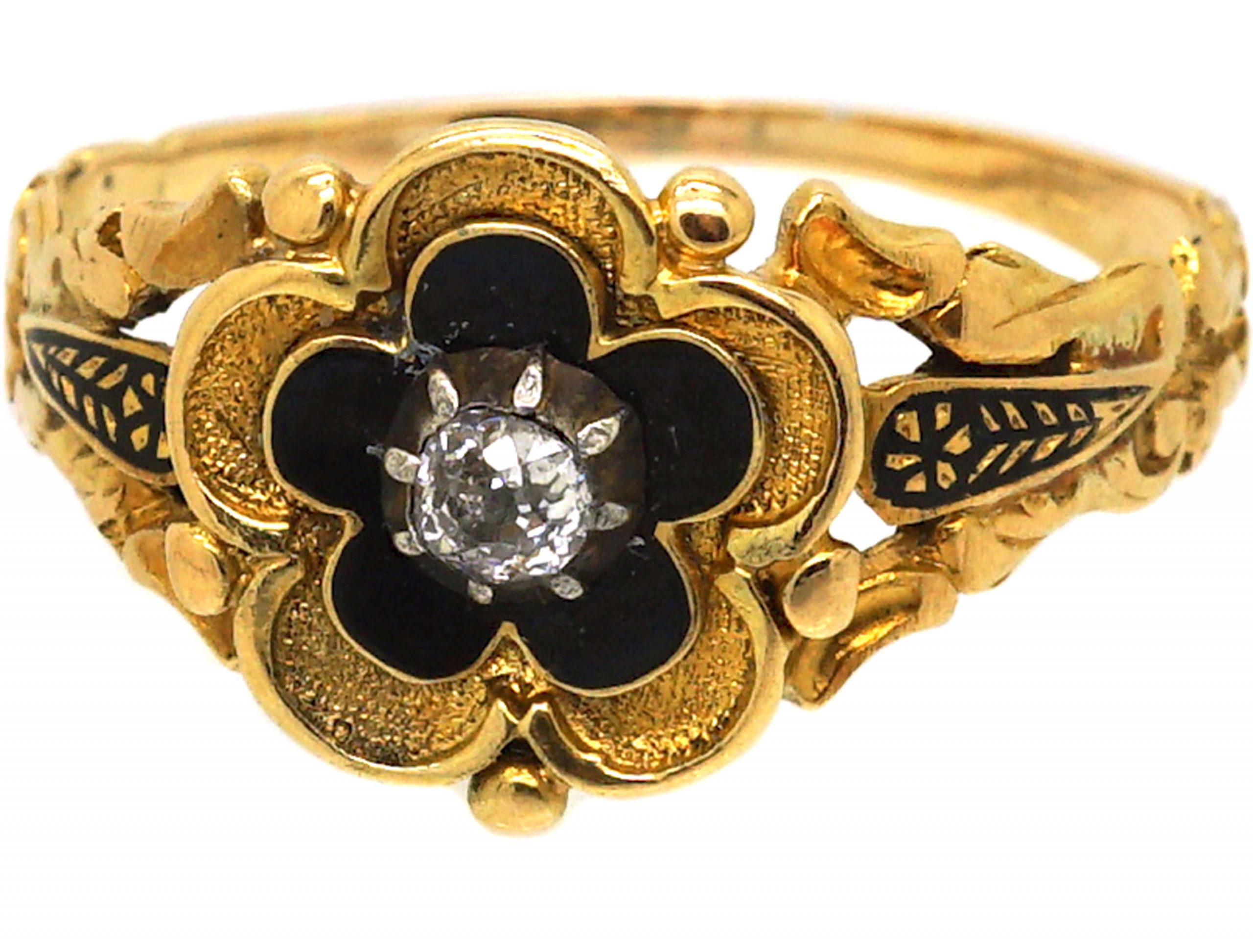Georgian 18ct Gold & Black Enamel Mourning Ring with Pansy Motif set ...