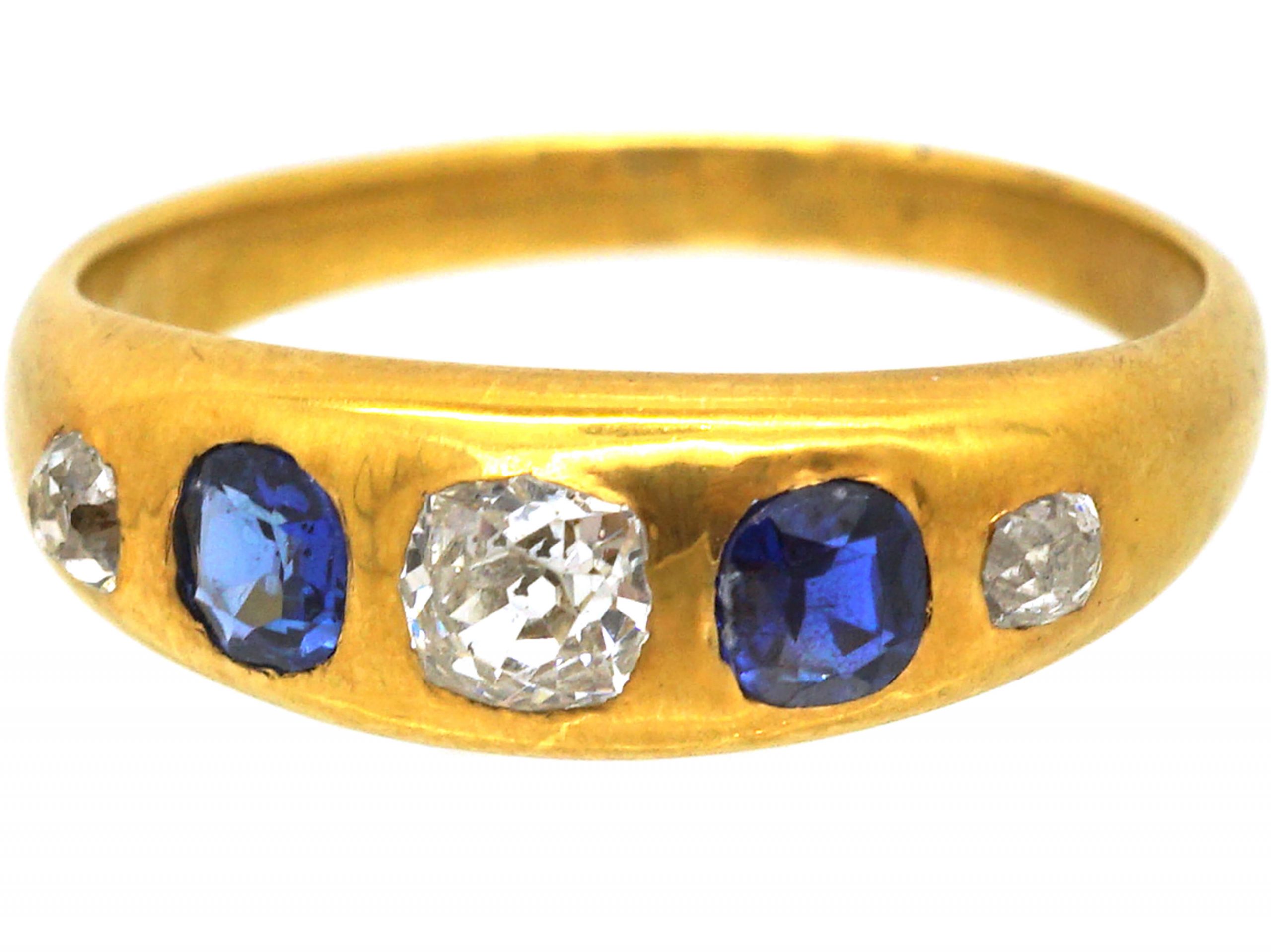 Victorian 18ct Gold, Sapphire & Diamond Five Stone Rub Over Set Ring ...