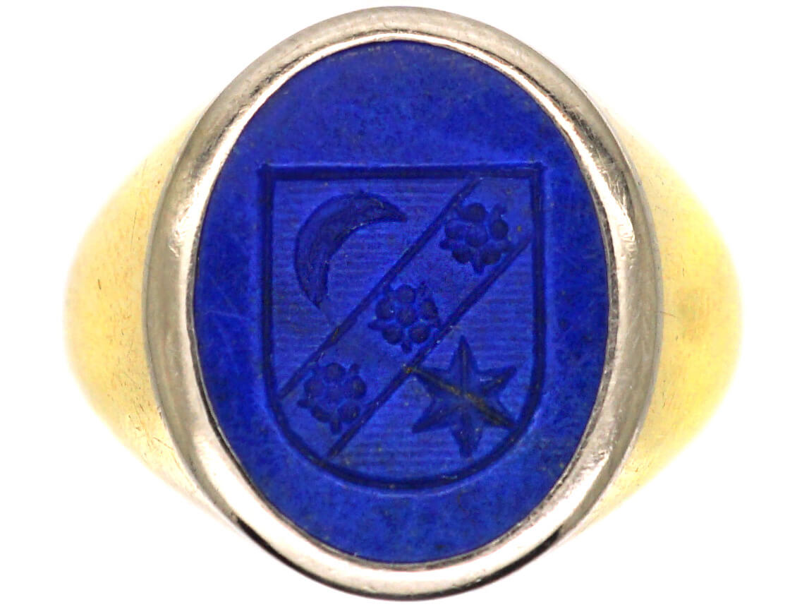 18ct Gold & Lapis Signet Ring with Intaglio of the Moon, a Star & Roses ...