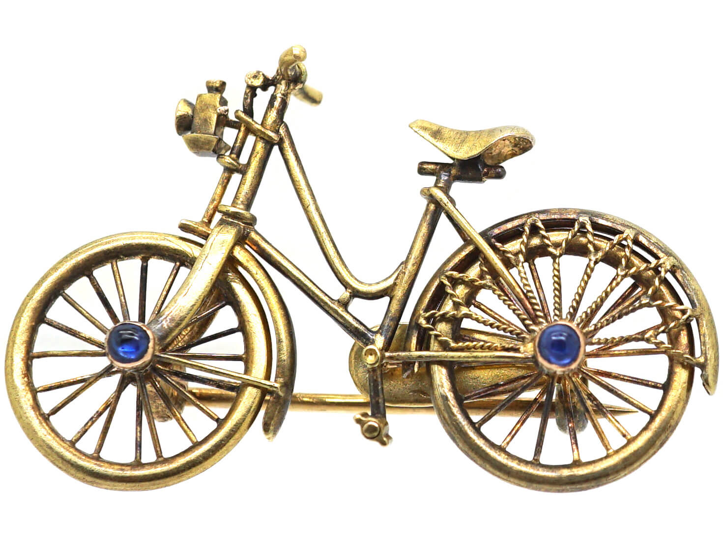 Edwardian 15ct Gold Bicycle Brooch set with Cabochon Sapphires & a Rose ...