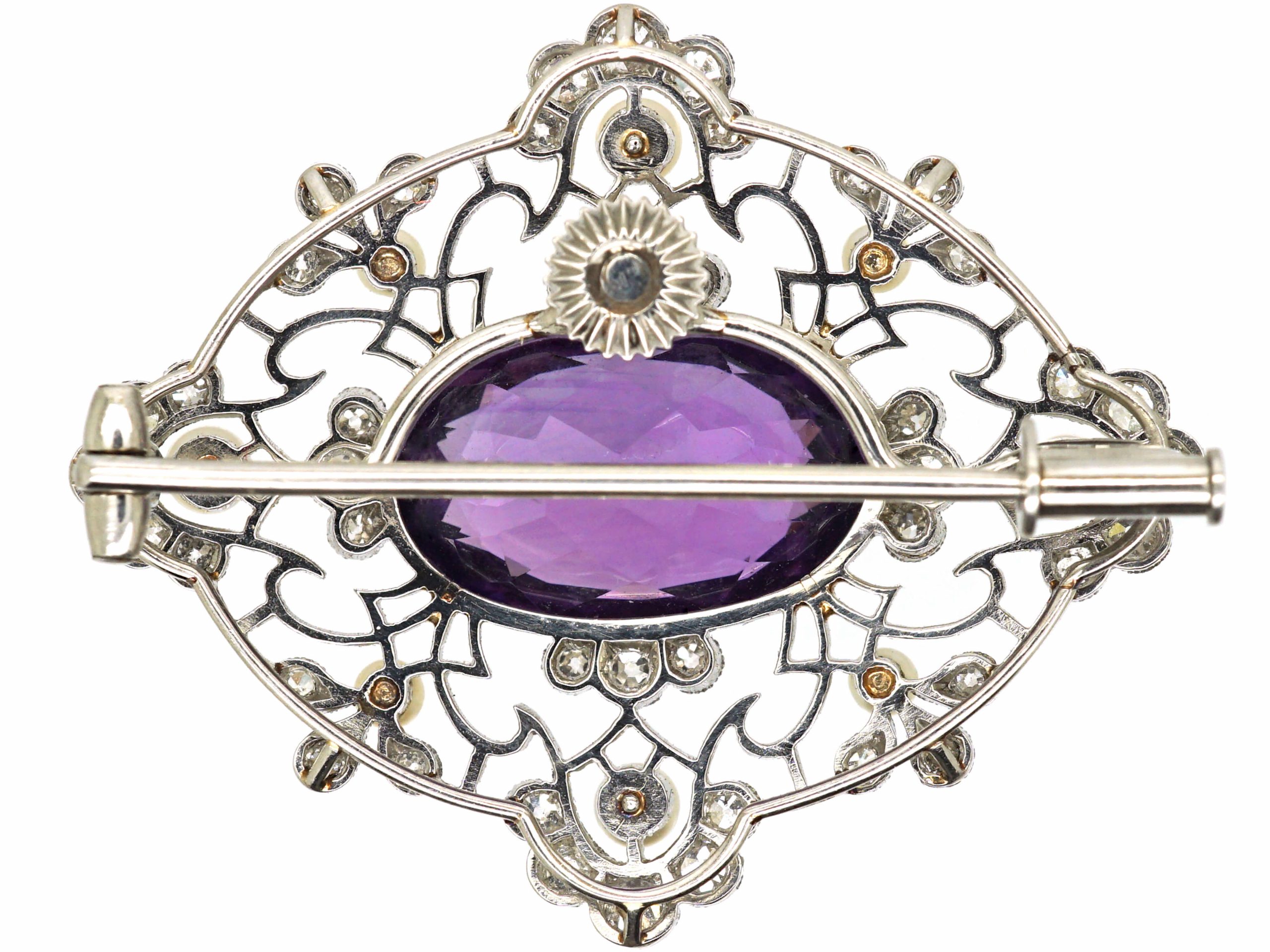 Edwardian Platinum, Amethyst, Bouton Pearls & Diamonds Pendant Brooch ...