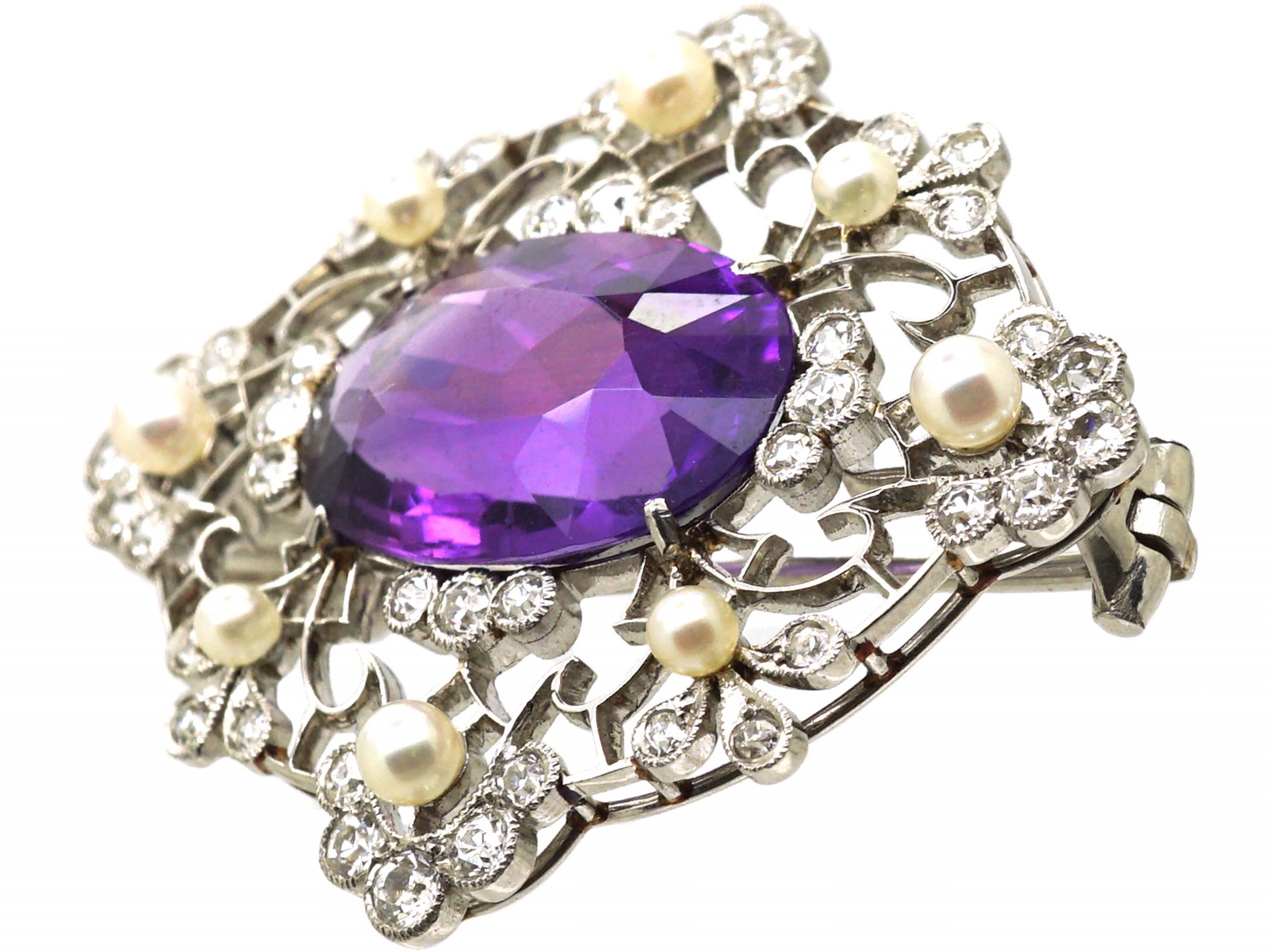 Edwardian Platinum, Amethyst, Bouton Pearls & Diamonds Pendant Brooch ...