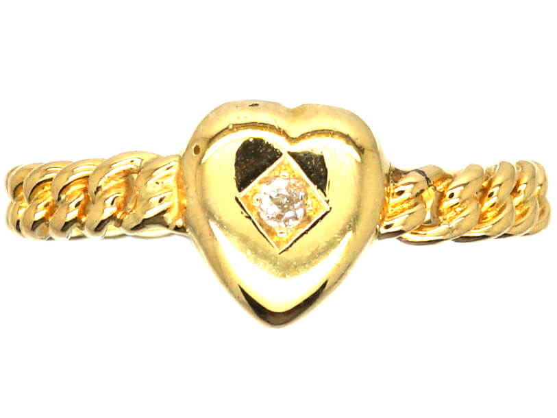 Edwardian 18ct Gold & Diamond Heart Shaped Ring with Curb Design Shank ...