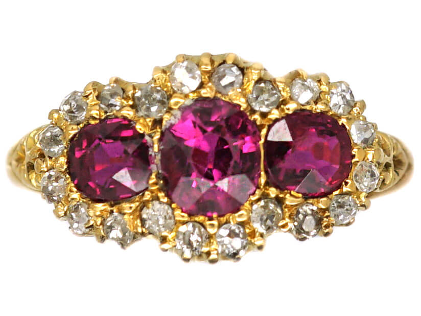 Victorian 18ct Gold, Three Stone Ruby & Diamond Triple Cluster Ring ...