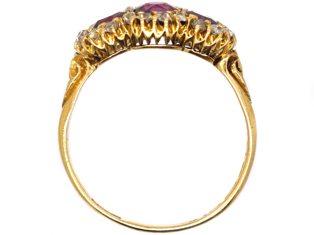 Victorian 18ct Gold, Three Stone Ruby & Diamond Triple Cluster Ring ... Victorian 18ct Gold, Three Stone Ruby & Diamond Triple Cluster Ring ...