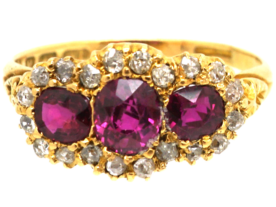 Victorian 18ct Gold, Three Stone Ruby & Diamond Triple Cluster Ring ...