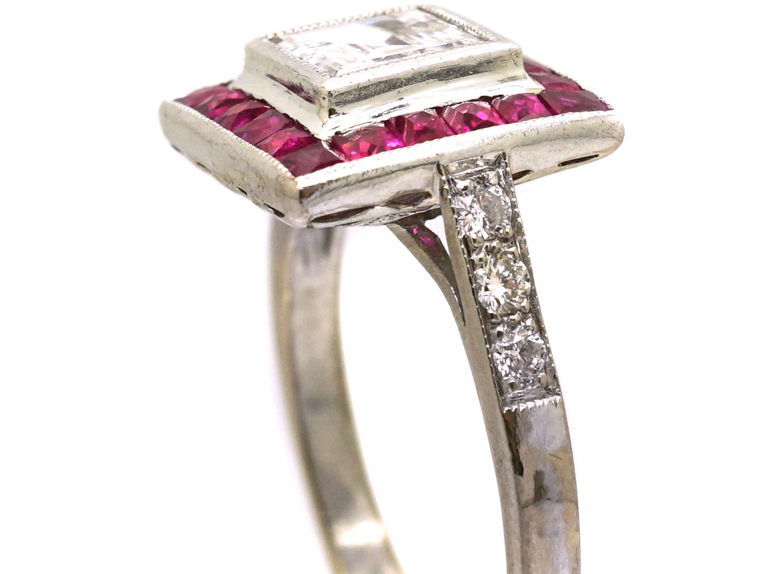 Art Deco 18ct White Gold, Aascher Cut Diamond & French Cut Ruby Square Ring (114W) | The Antique ...