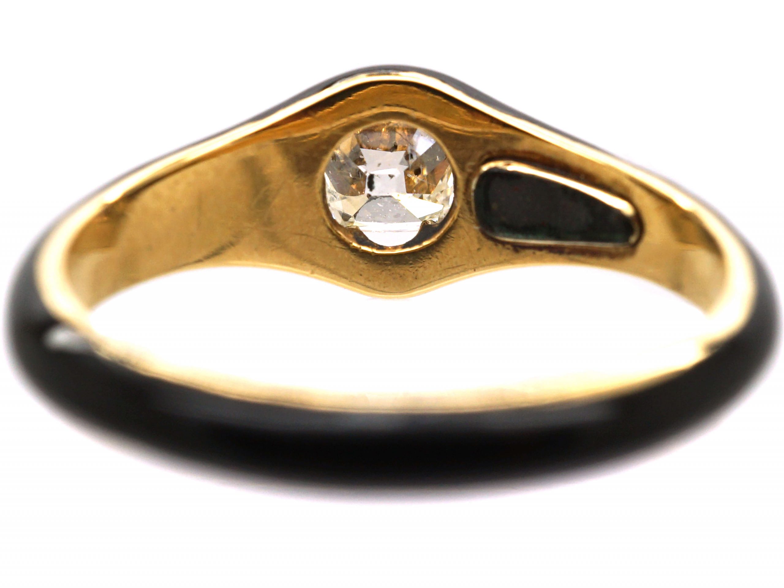 Georgian 18ct Gold & Black Enamel Mourning Ring set with a Cushion Cut ...