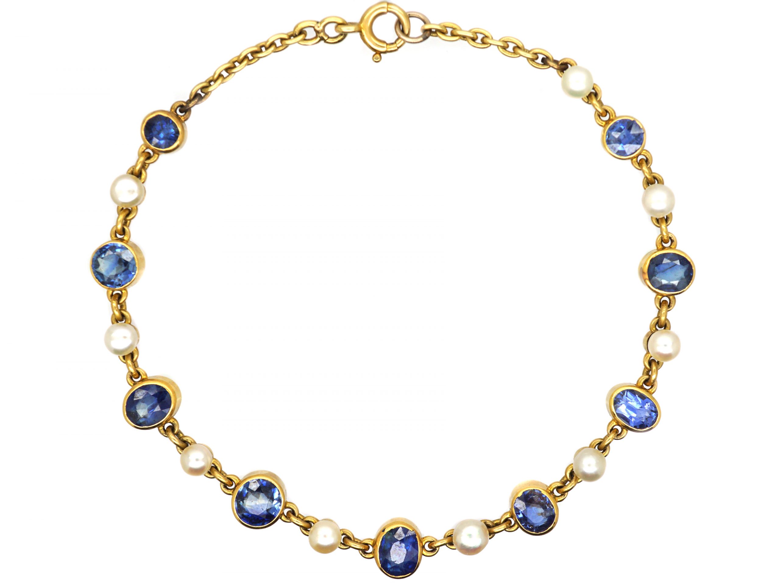 Edwardian 18ct Gold, Sapphire & Natural Bouton Pearl Bracelet (142W ...