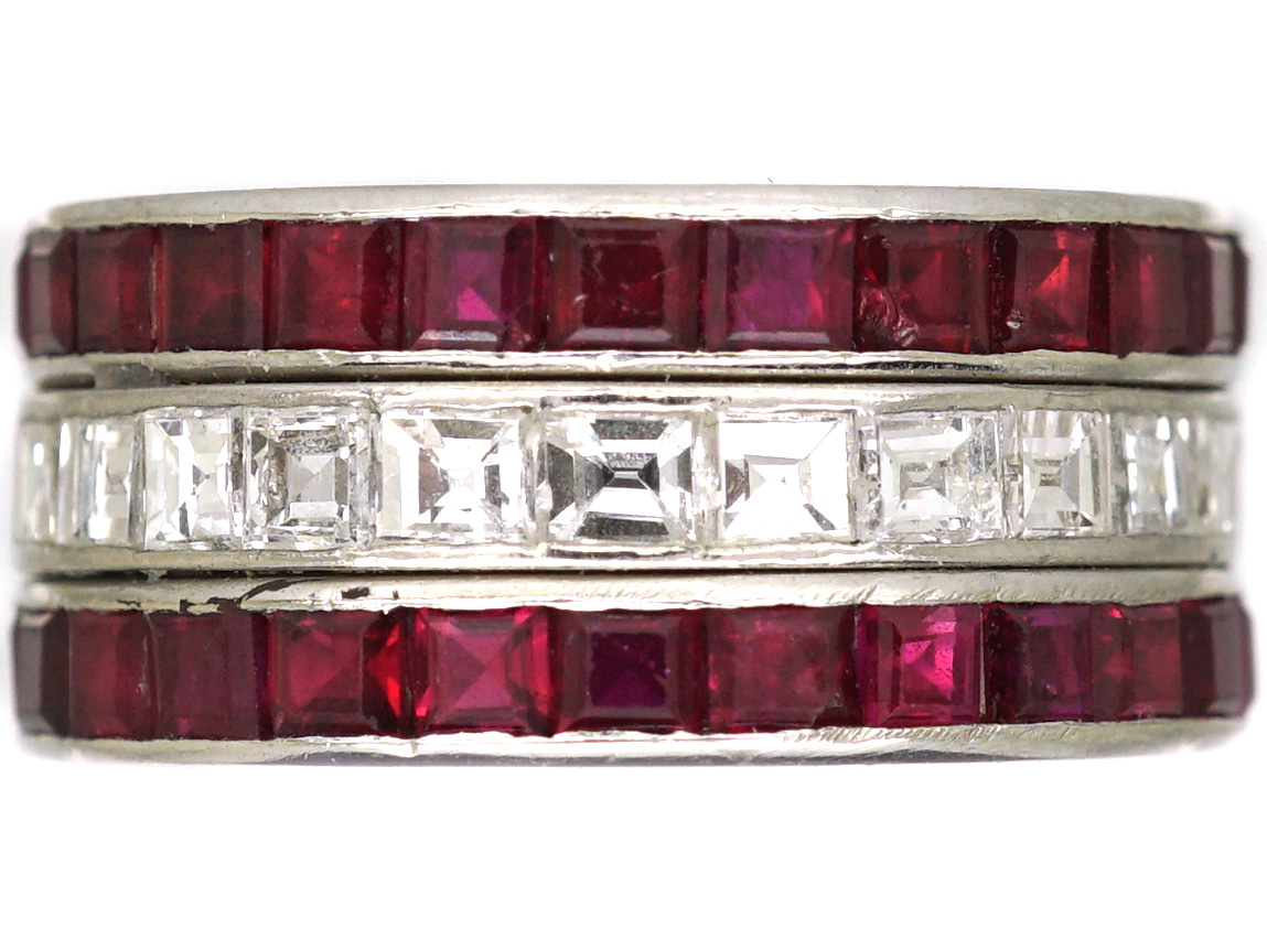 French Art Deco Platinum, Ruby & Diamond Triple Row Ring (135W) | The Antique Jewellery Company