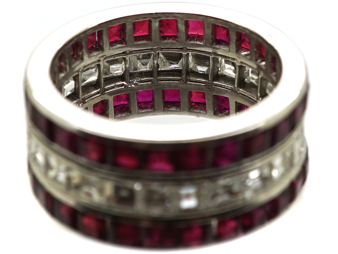 French Art Deco Platinum, Ruby & Diamond Triple Row Ring (135W) | The Antique Jewellery Company