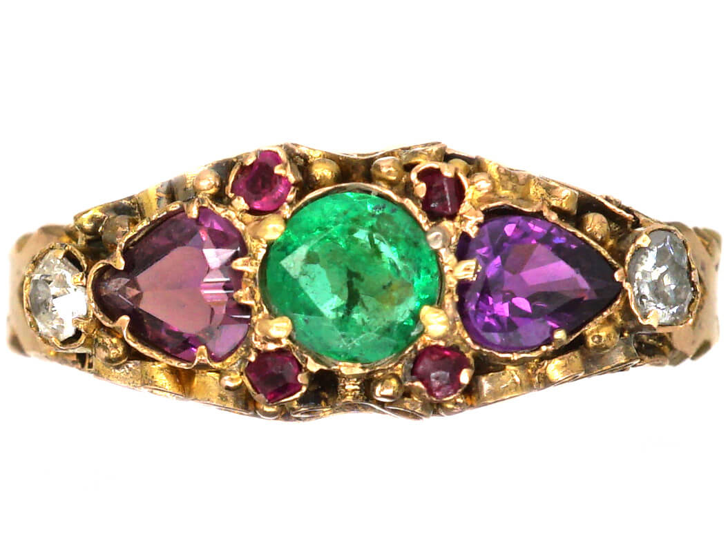 Victorian 15ct Gold, Emerald, Ruby & Diamond Ring with Heart Shaped ...