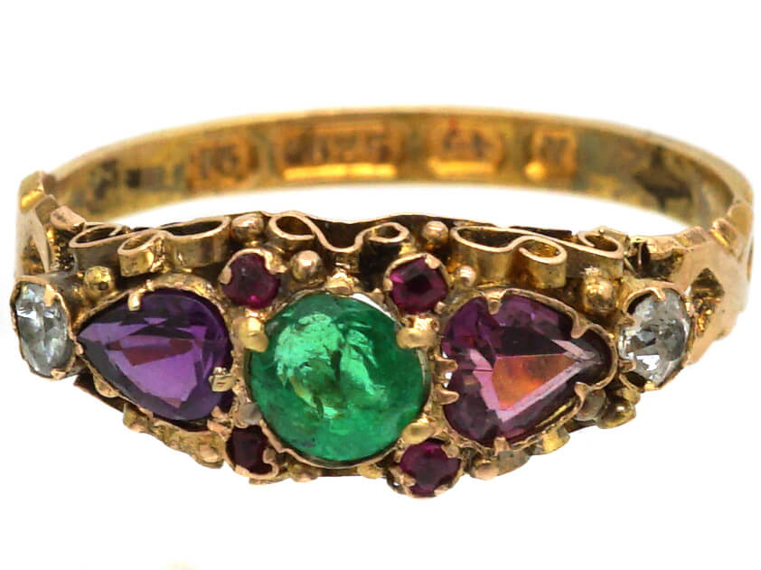 Victorian 15ct Gold, Emerald, Ruby & Diamond Ring with Heart Shaped ...