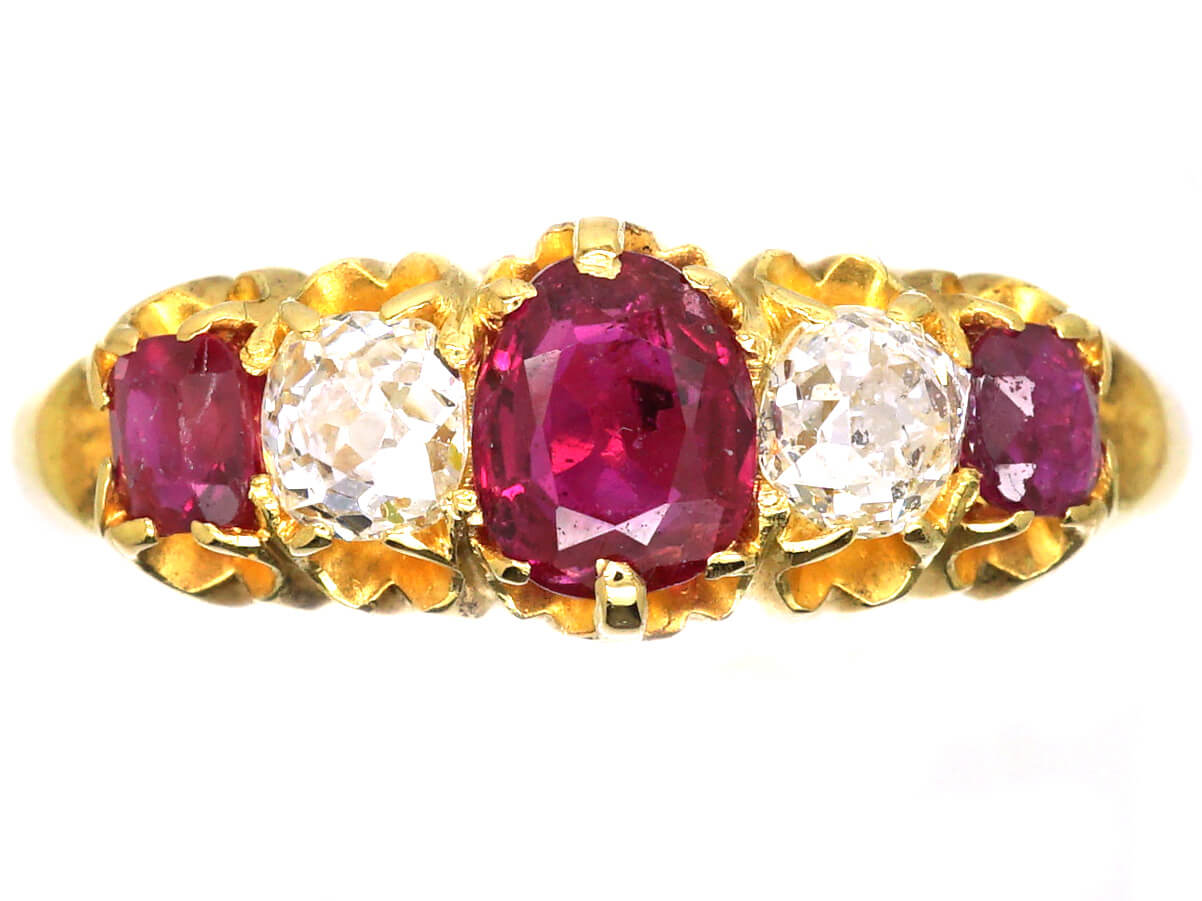 Victorian 18ct Gold, Five Stone Ruby & Old Mine Cut Diamond Ring (144W ...