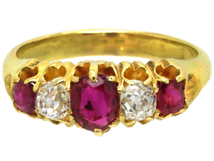 Victorian 18ct Gold, Five Stone Ruby & Old Mine Cut Diamond Ring (144W ...