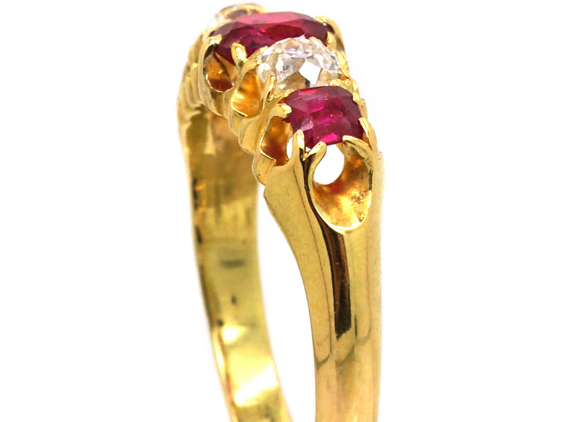 Victorian 18ct Gold, Five Stone Ruby & Old Mine Cut Diamond Ring (144W ...