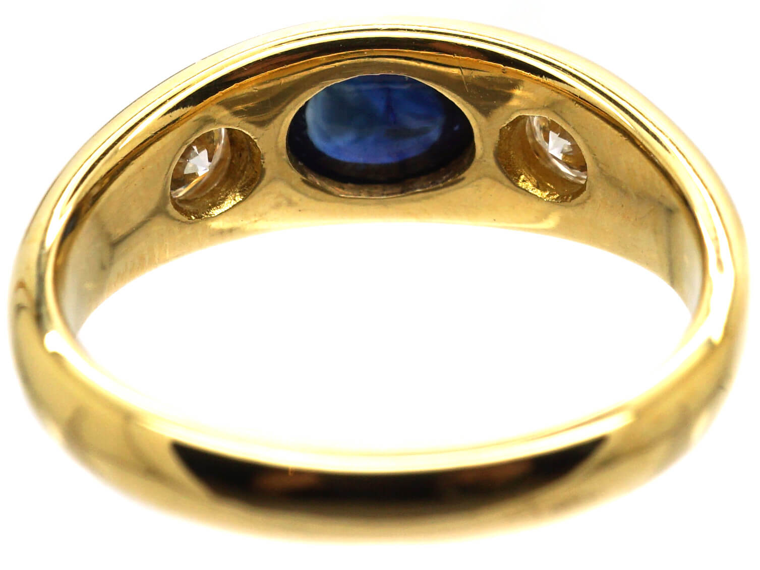 18ct Gold, Cabochon Sapphire & Diamond Three Stone Rub Over Set Ring ...