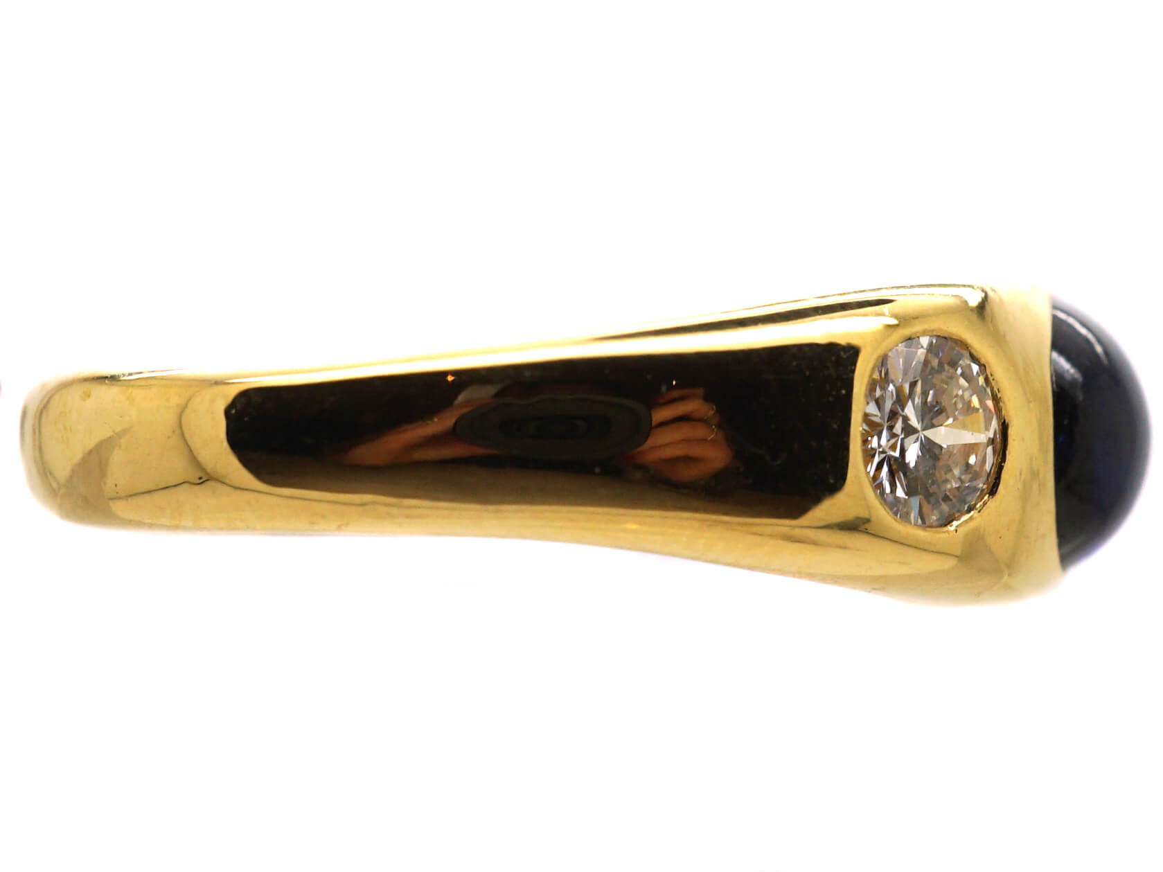 18ct Gold, Cabochon Sapphire & Diamond Three Stone Rub Over Set Ring ...