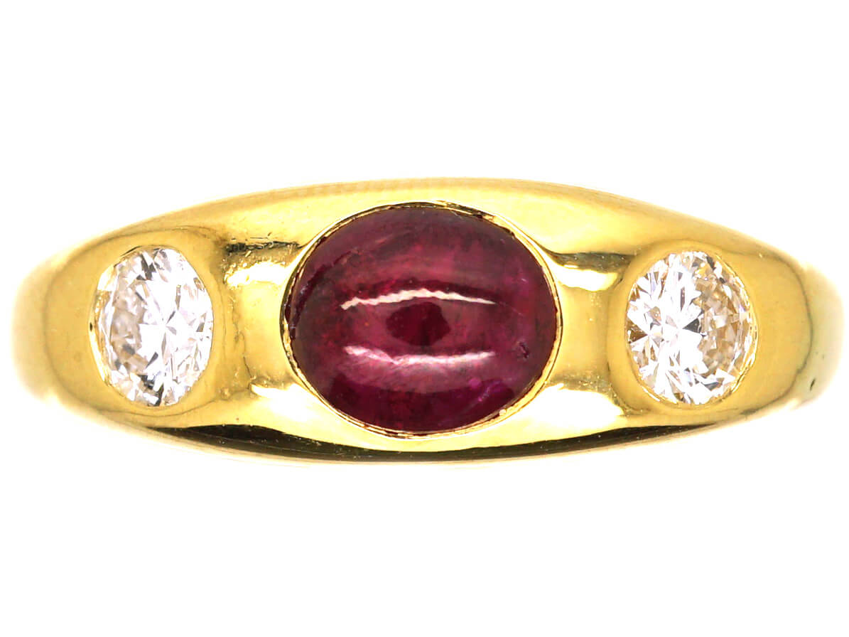 18ct Gold, Rub Over Set Cabochon Ruby & Diamond Three Stone Ring (44W ...