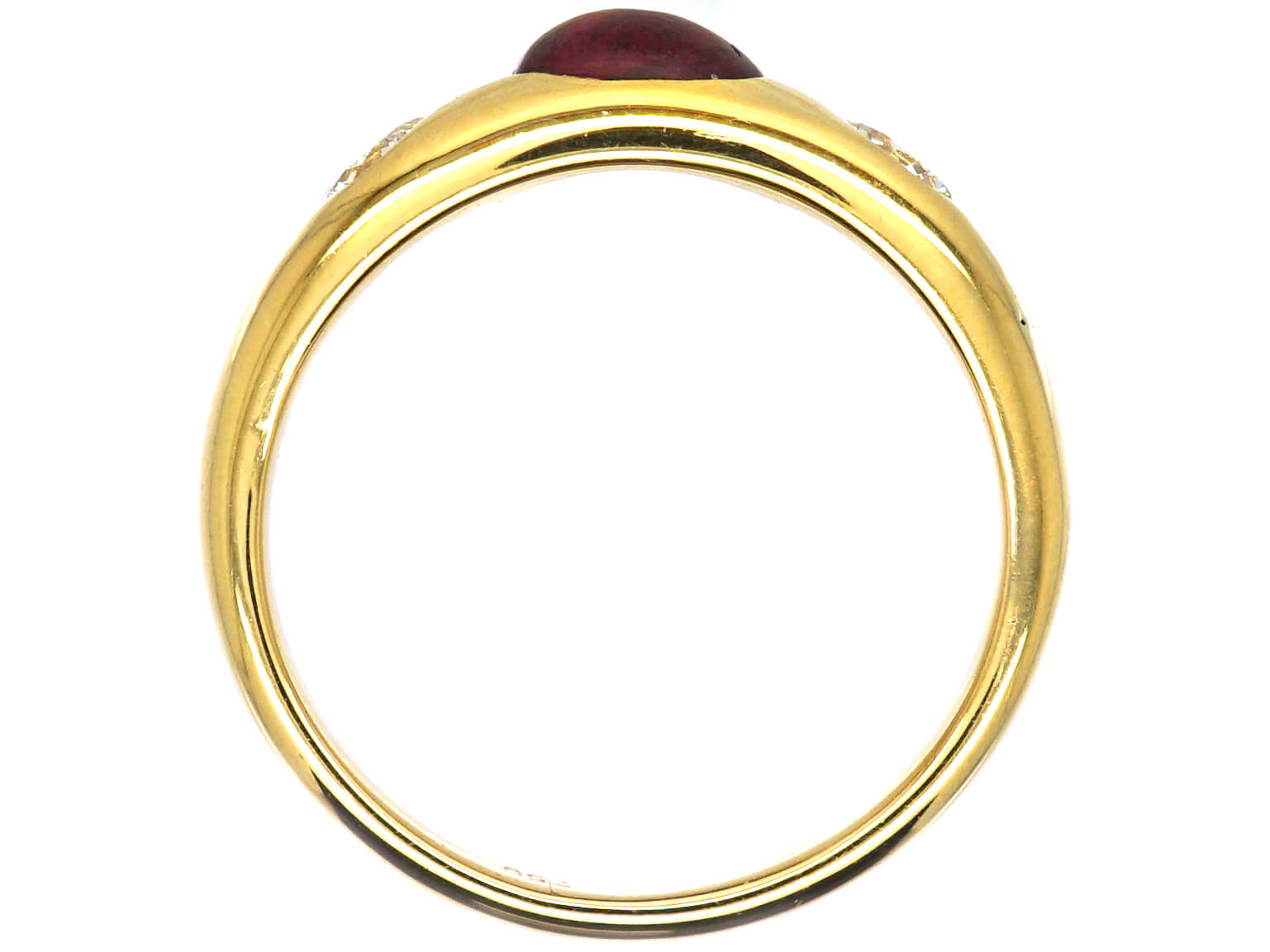 18ct Gold, Rub Over Set Cabochon Ruby & Diamond Three Stone Ring (44W ...
