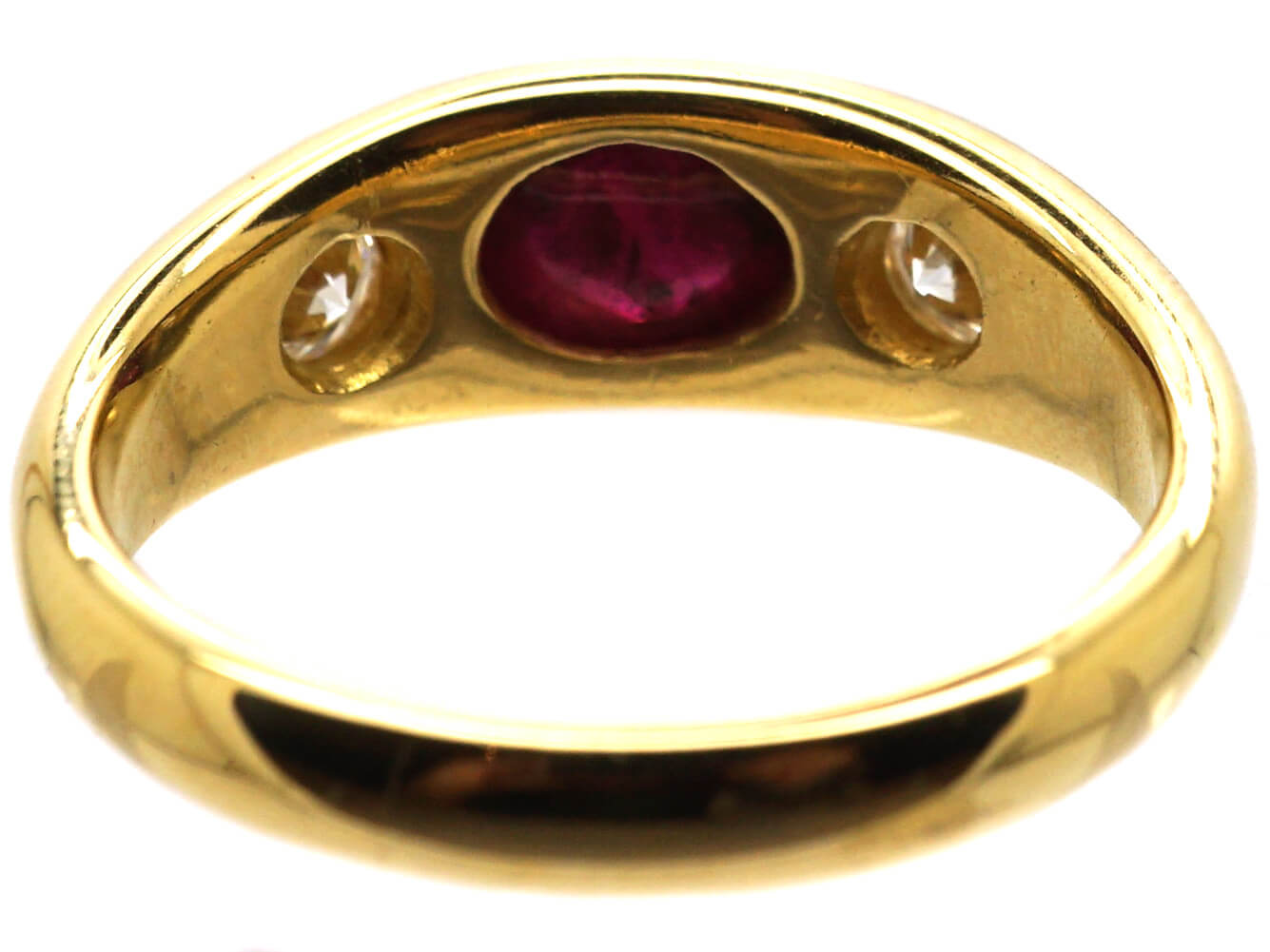 18ct Gold, Rub Over Set Cabochon Ruby & Diamond Three Stone Ring (44W ...