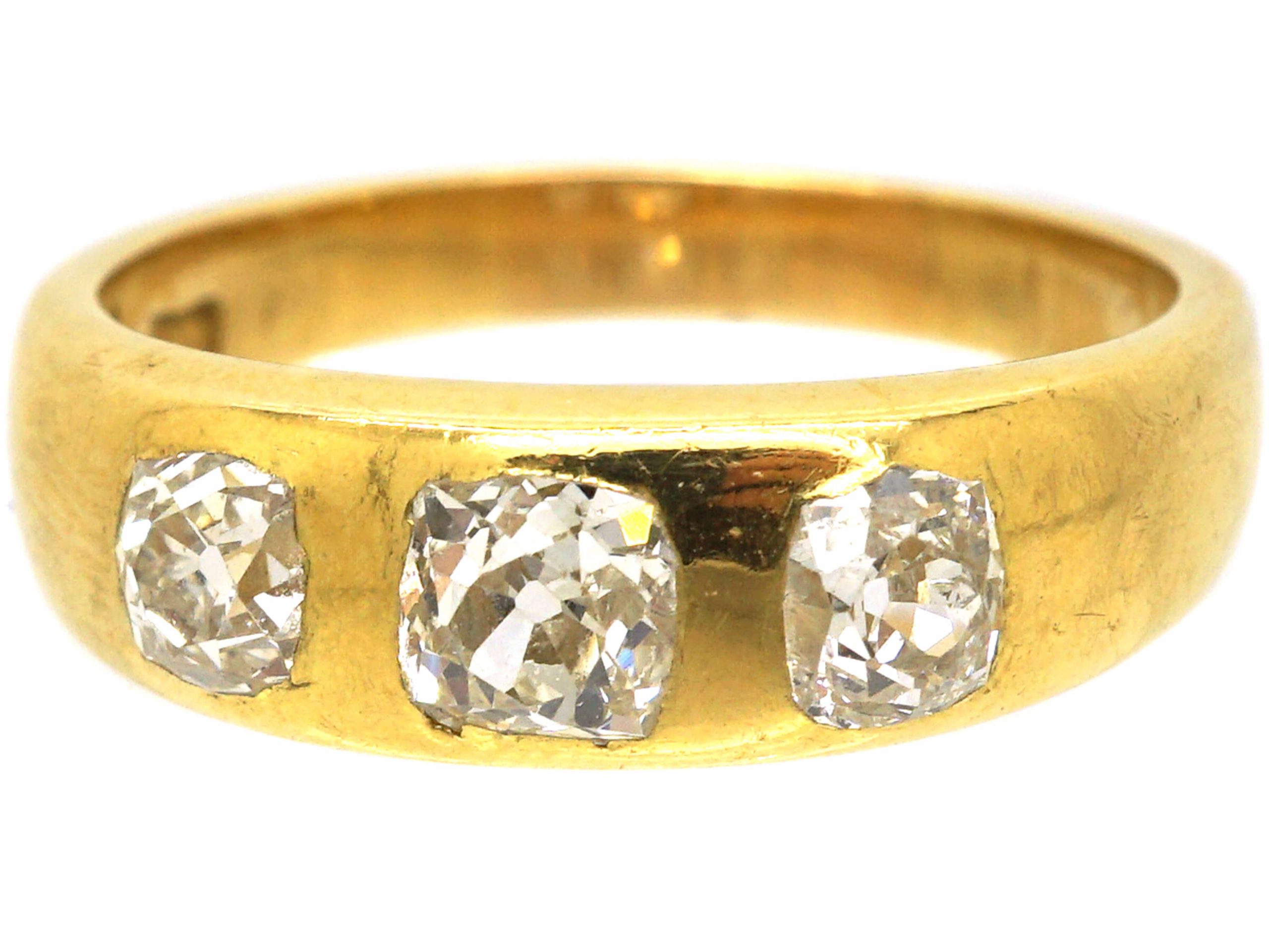 Victorian 18ct Gold Ring Rub Over Set with Three Old Cushion Cut ...